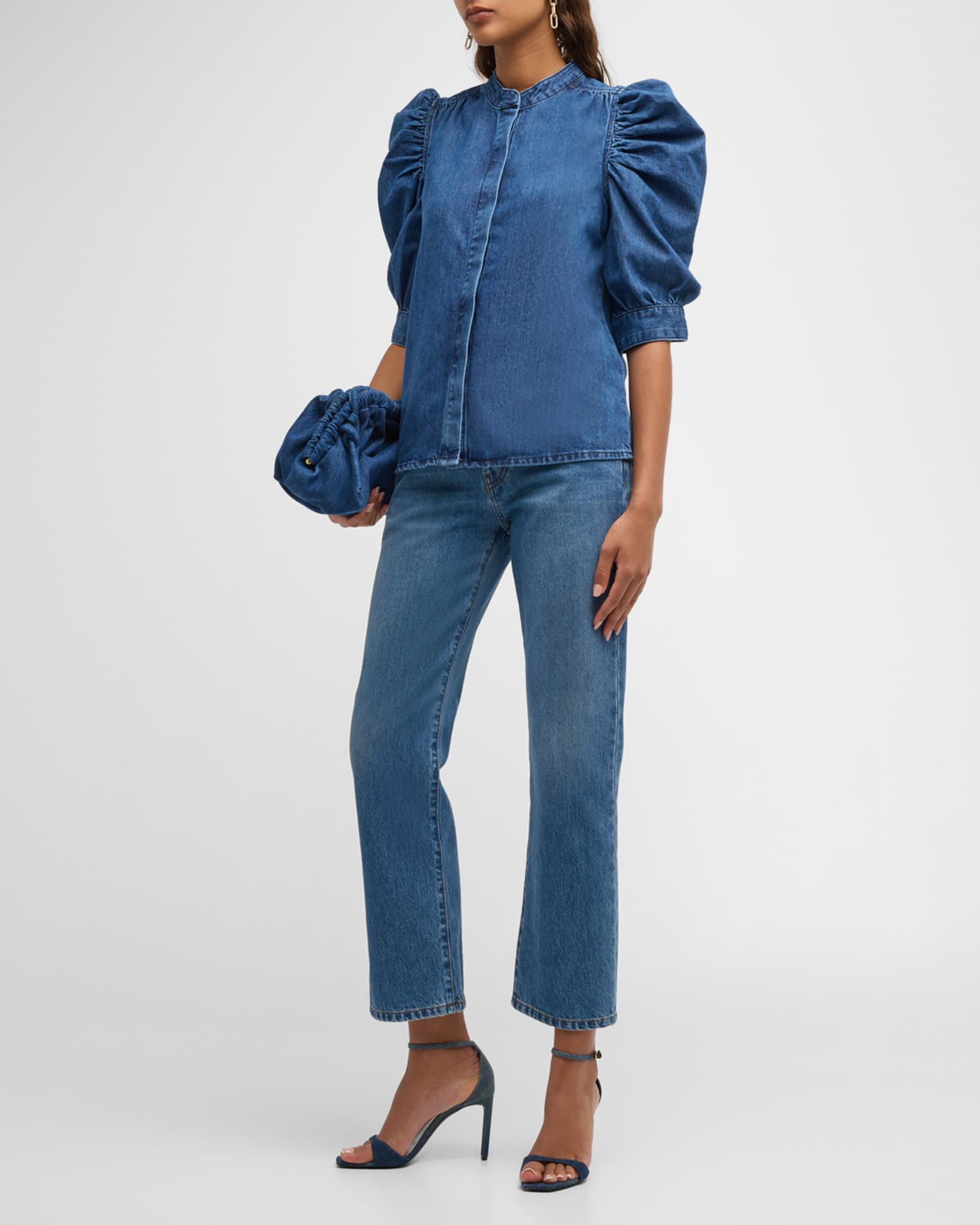 FRAME Gillian Denim Puff-Sleeve Top | Neiman Marcus
