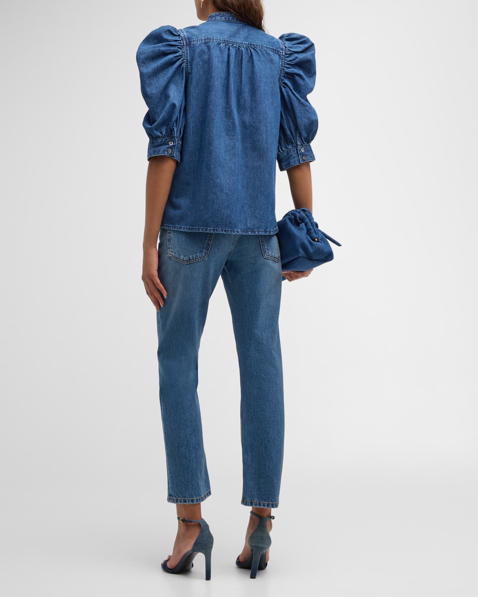 FRAME Gillian Denim Puff-Sleeve Top | Neiman Marcus