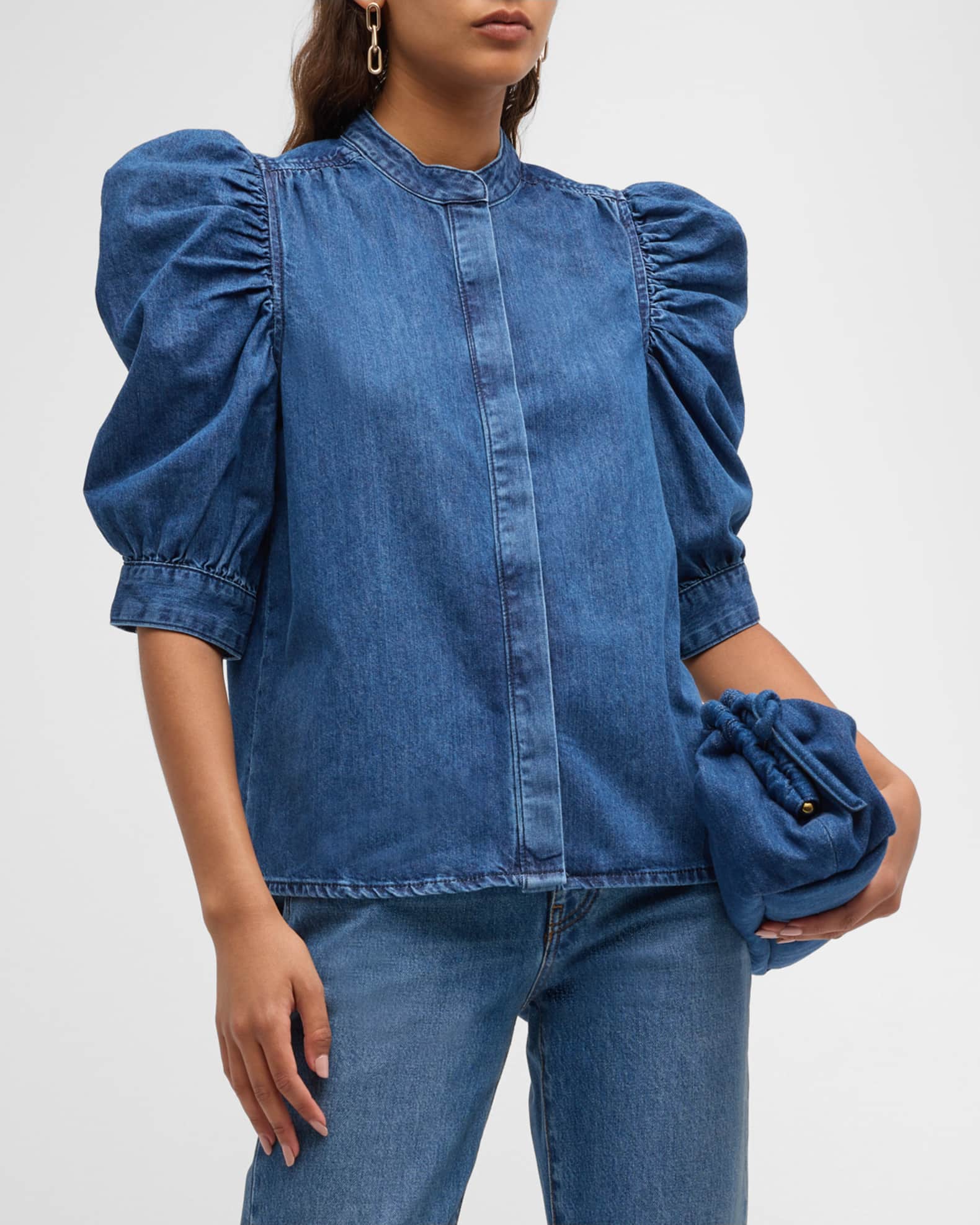 FRAME Gillian Denim Puff-Sleeve Top | Neiman Marcus