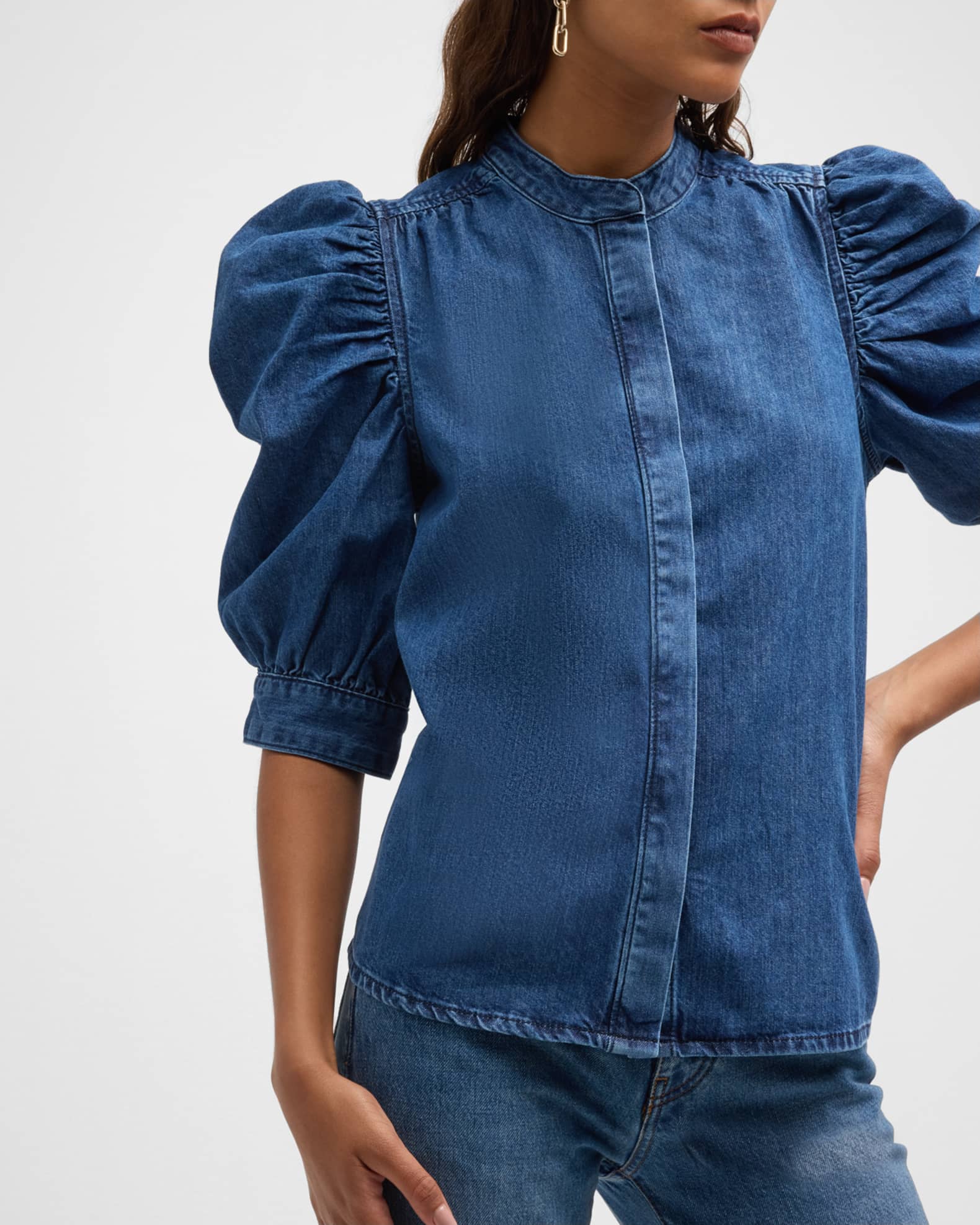 FRAME Gillian Denim Puff-Sleeve Top | Neiman Marcus