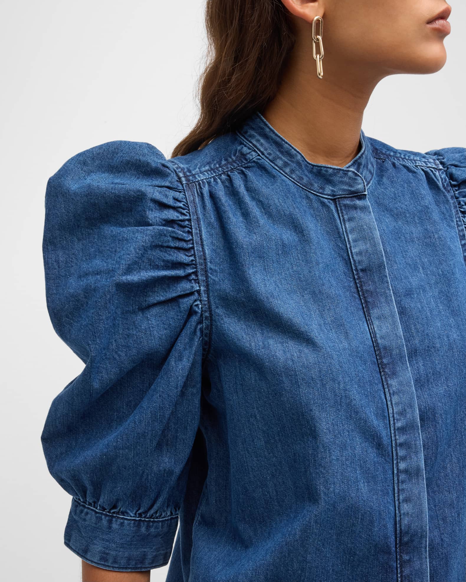 FRAME Gillian Denim Puff-Sleeve Top | Neiman Marcus