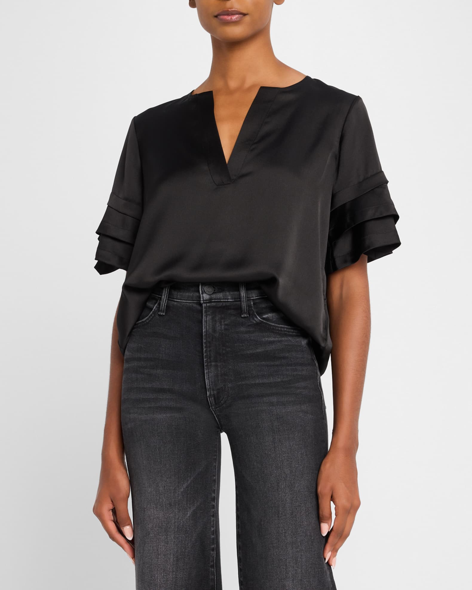 FRAME Tiered Short-Sleeve Satin Blouse | Neiman Marcus