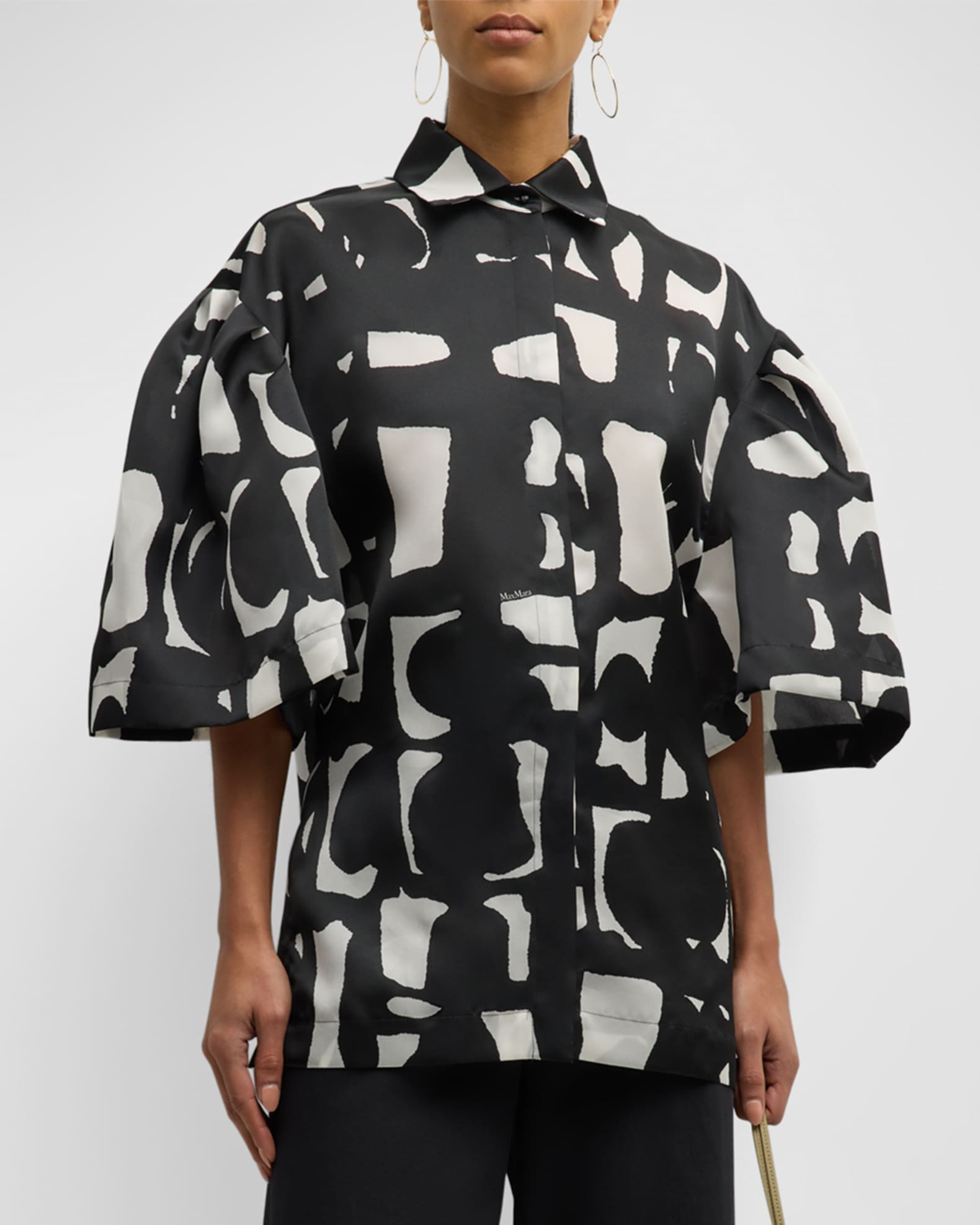 Max Mara Carella Abstract-Print Puff-Sleeve Collared Shirt | Neiman Marcus