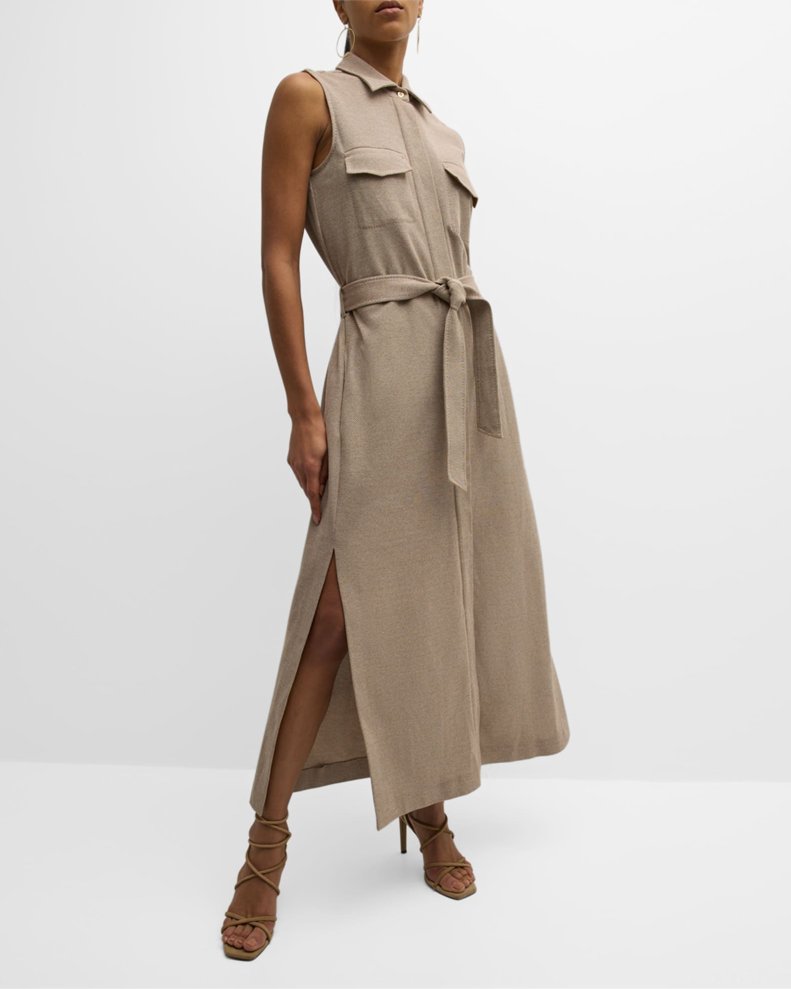 Max Mara Lampo Sleeveless Belted Pique Knit Maxi Shirtdress | Neiman Marcus