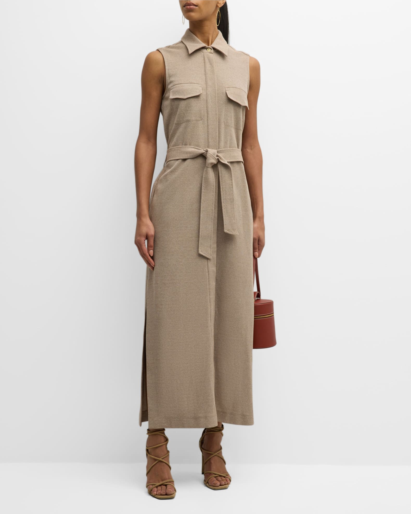 Max Mara Lampo Sleeveless Belted Pique Knit Maxi Shirtdress | Neiman Marcus