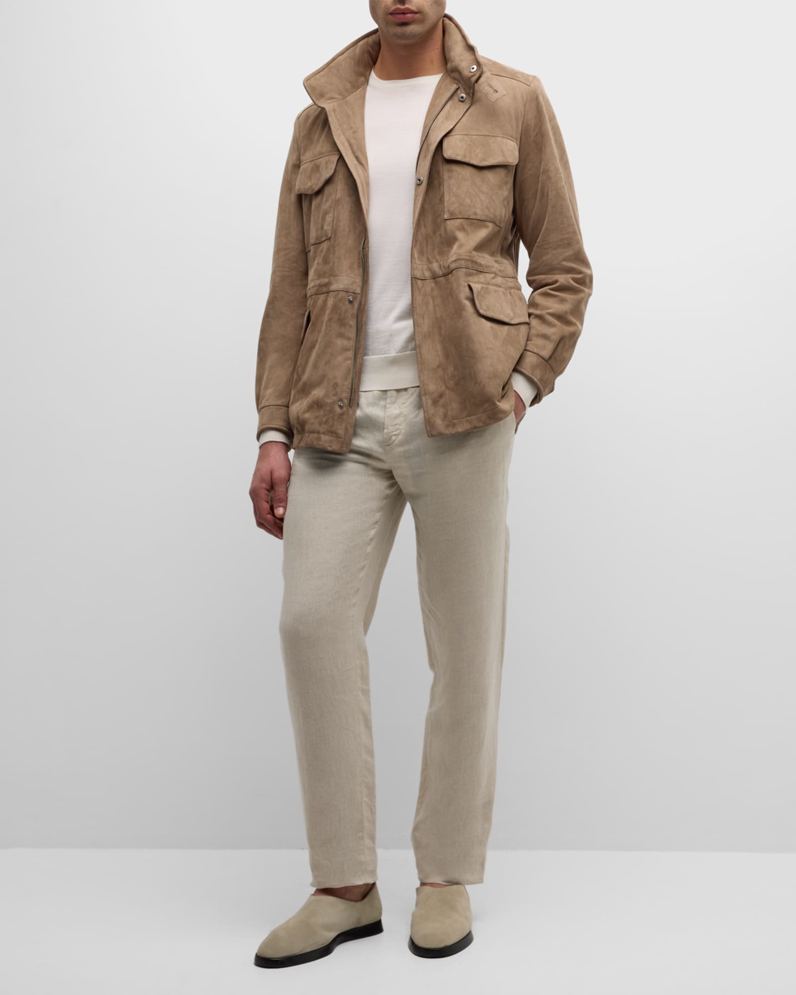 Loro Piana Men's Suede Concealed-Zip Field Jacket | Neiman Marcus