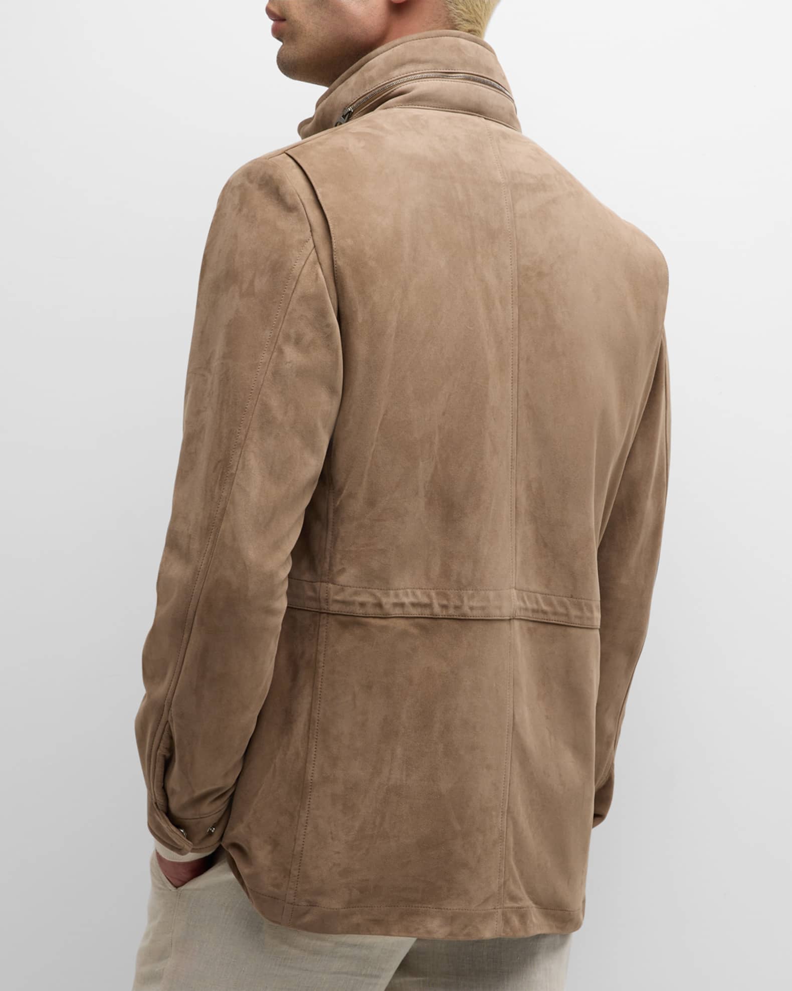 Loro Piana Men's Suede Concealed-Zip Field Jacket | Neiman Marcus
