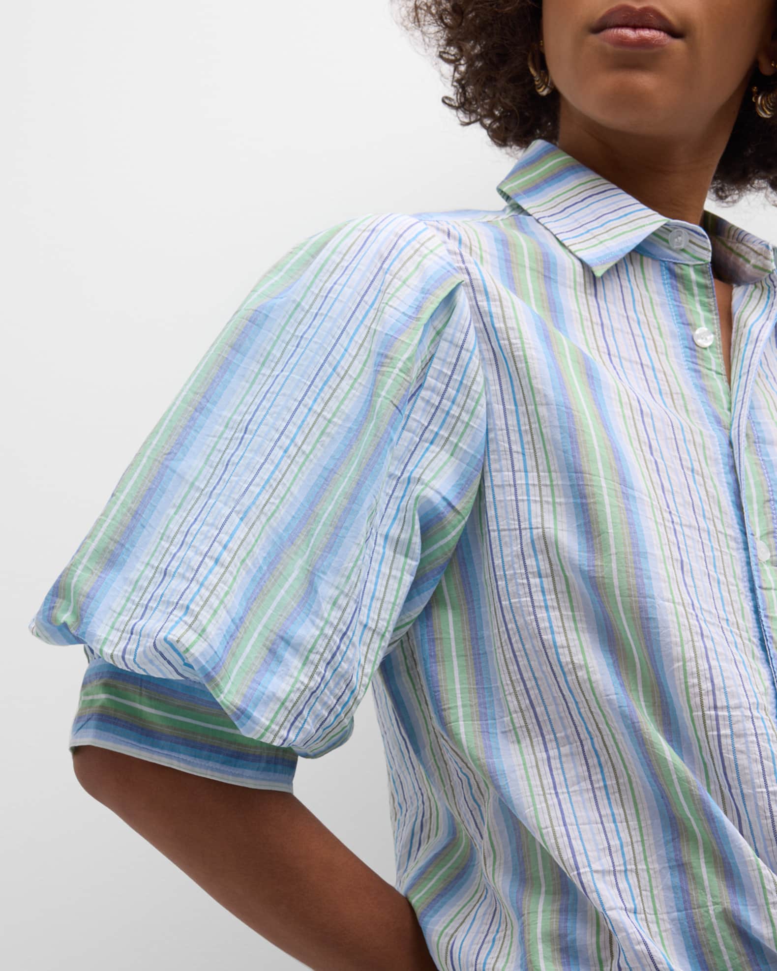 Finley Bomba Striped Puff-Sleeve Cotton Shirt | Neiman Marcus