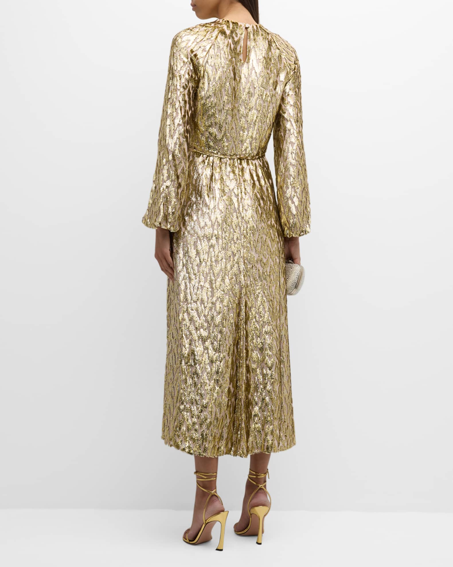 SIMKHAI Odina Blouson-Sleeve Metallic Midi Dress | Neiman Marcus