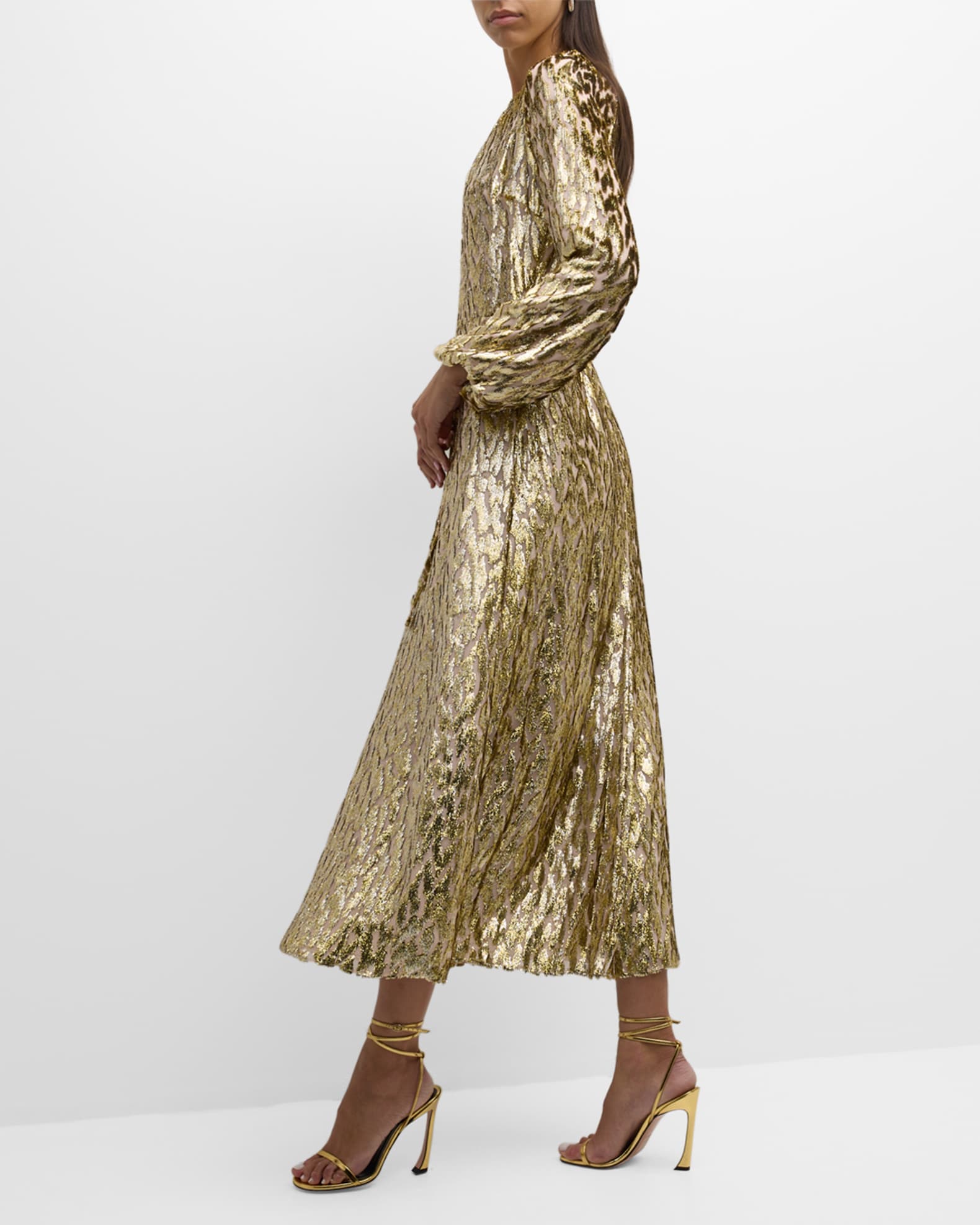 SIMKHAI Odina Blouson-Sleeve Metallic Midi Dress | Neiman Marcus