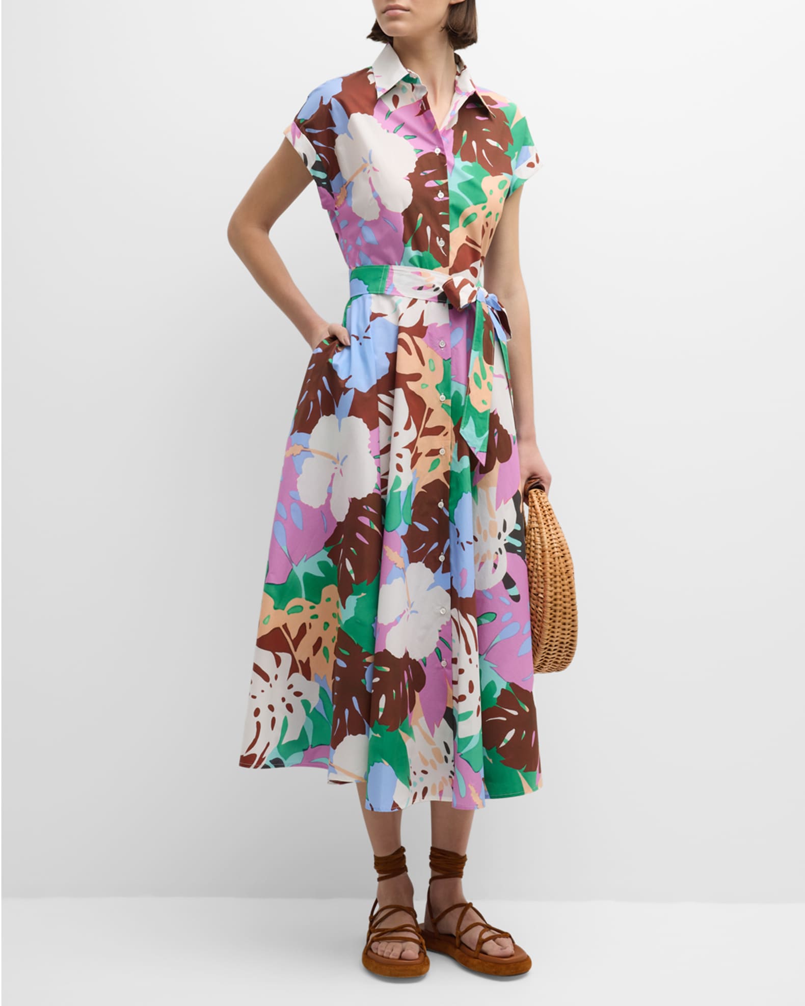 Sara Roka Danielle85 Floral-Print Poplin Midi Shirtdress | Neiman Marcus