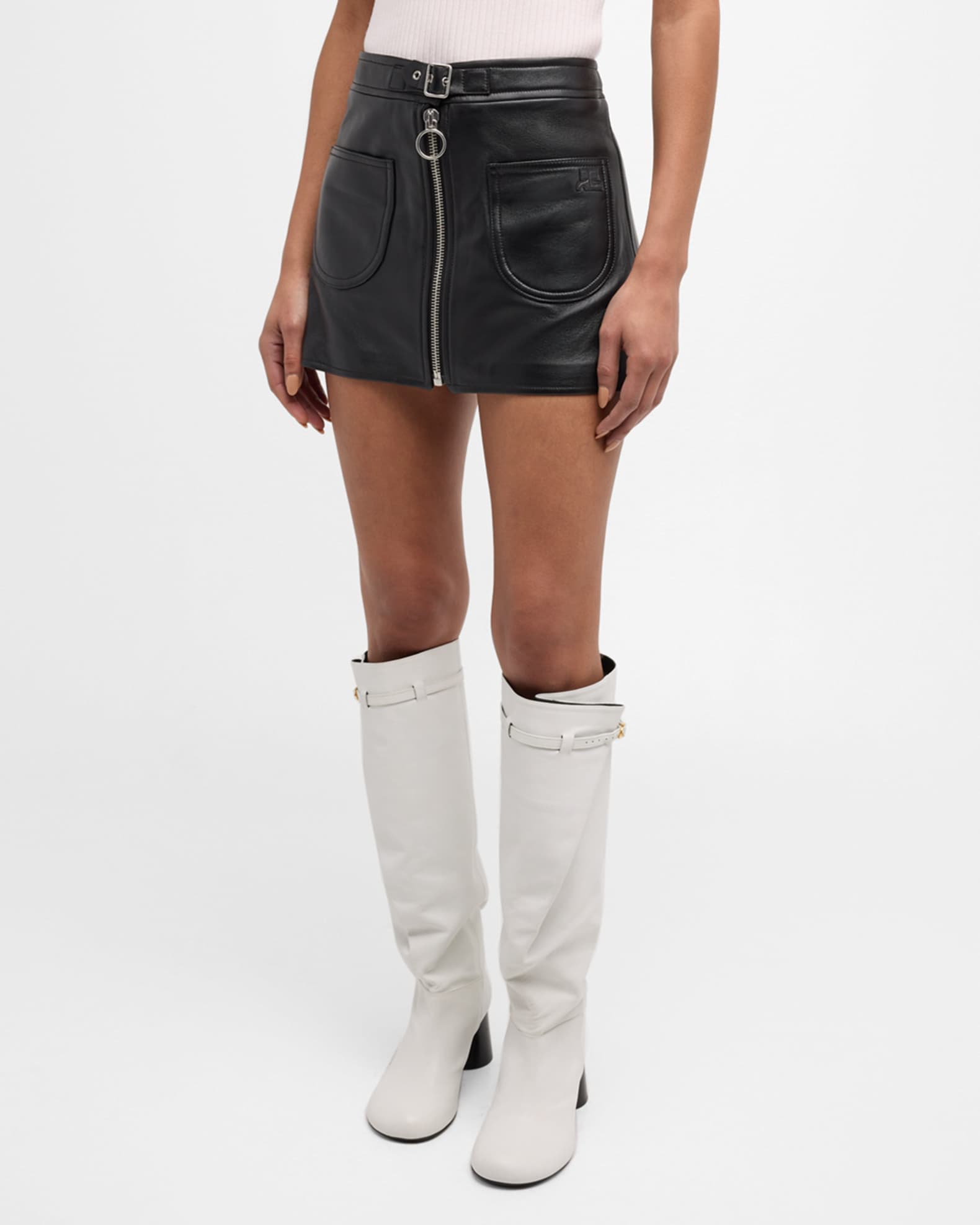 Courreges Buckle Zip Front Leather Mini Skirt Neiman Marcus