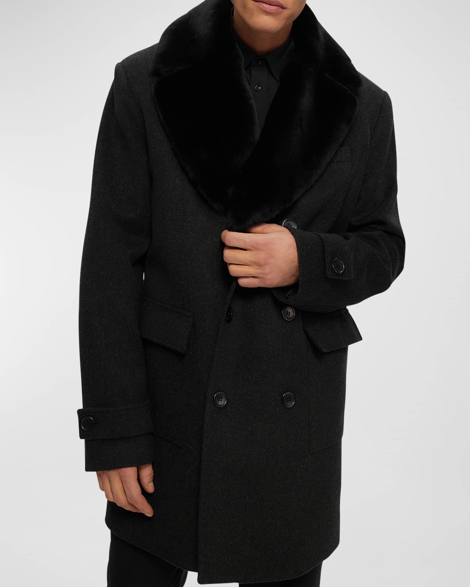 Gorski Men's Brushed Wool Short Coat With Detachable Shearling Lamb ...