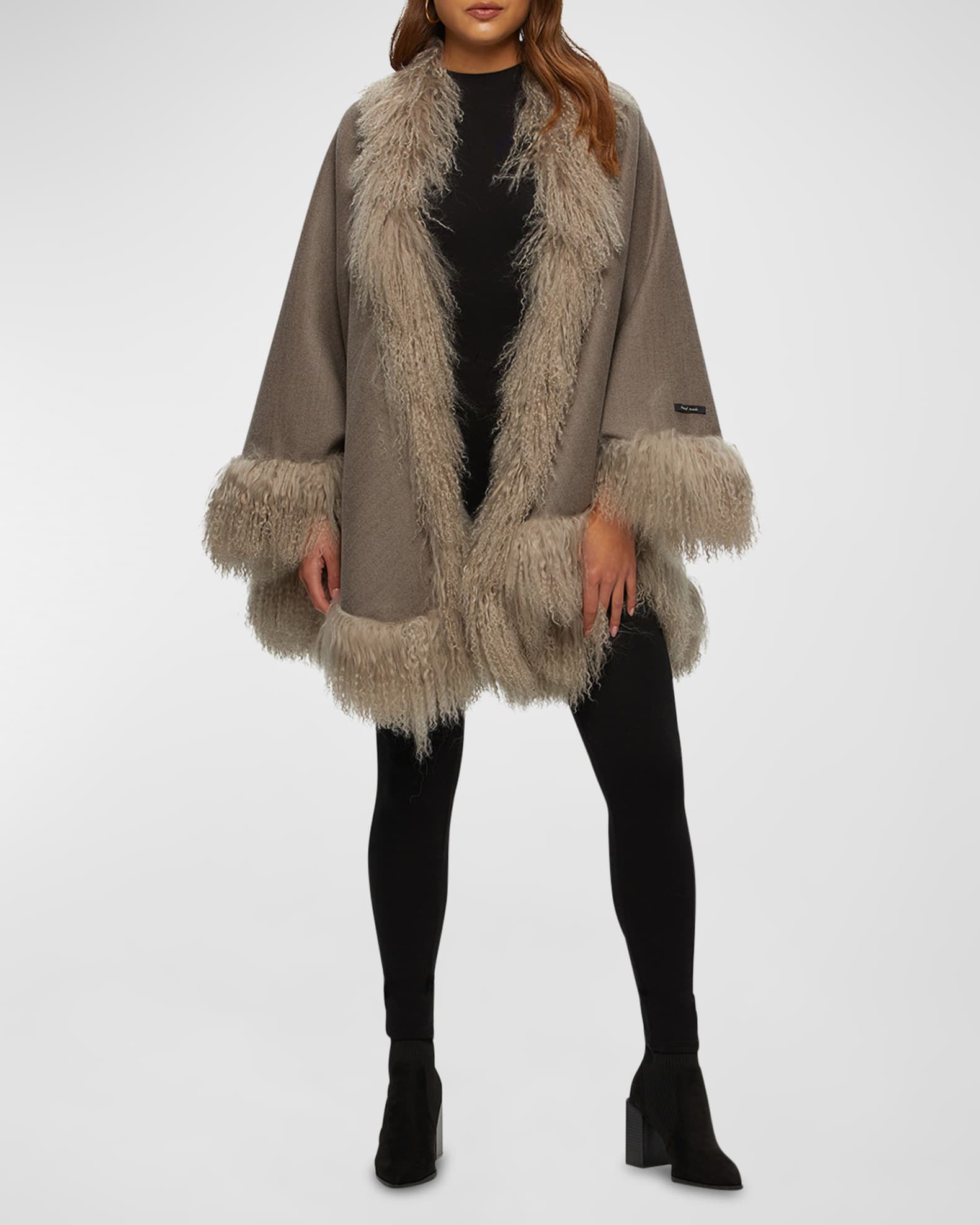 Gorski Wool-Cashmere Cape With Mongolian Lamb Shearling Trim | Neiman ...