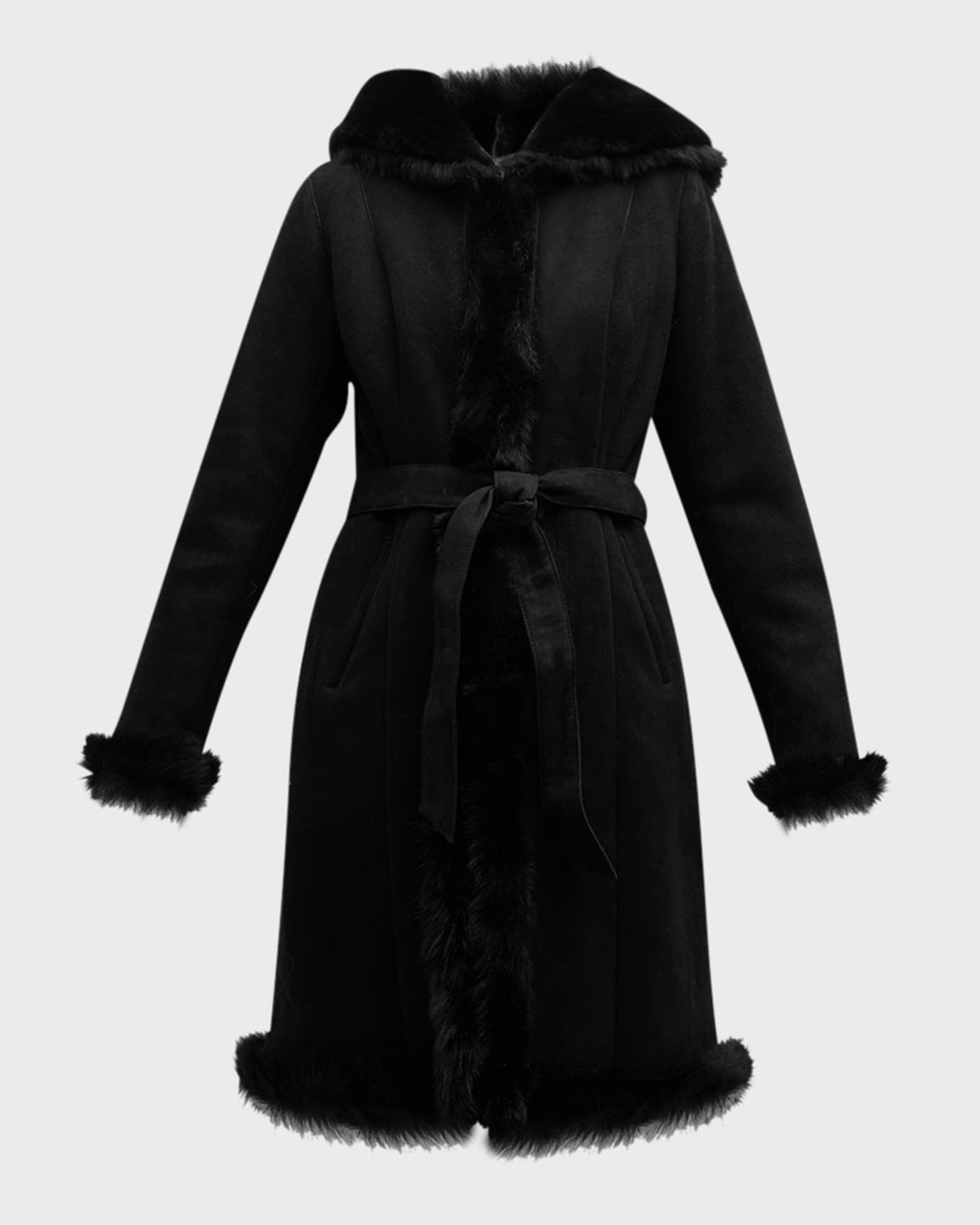 Gorski Toscana Lamb Trim Belted Lamb Shearling Hooded Coat | Neiman Marcus