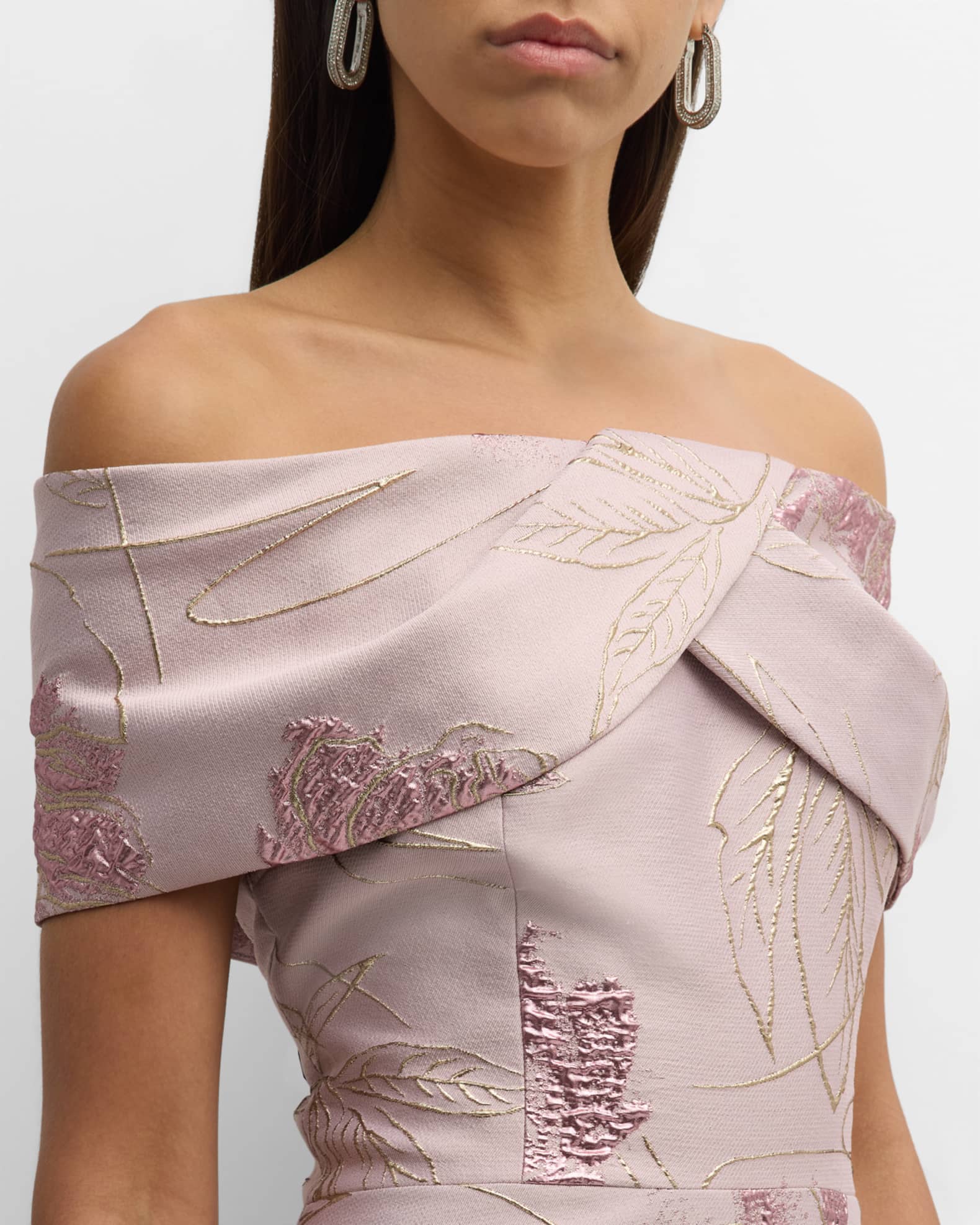 Rickie Freeman for Teri Jon Off-Shoulder Metallic Floral Jacquard Gown ...