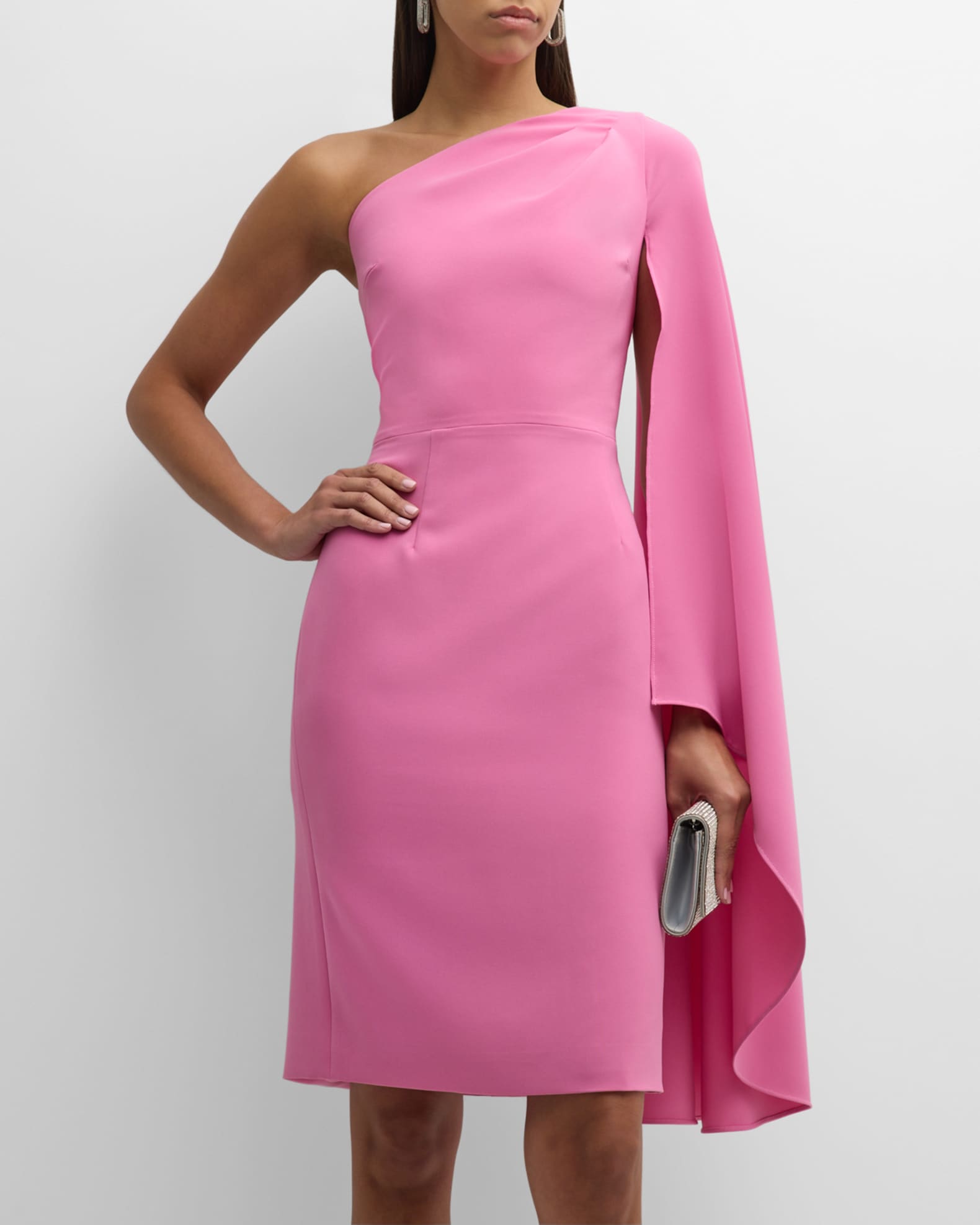 Rickie Freeman for Teri Jon One-Shoulder Cape-Sleeve Crepe Midi Dress ...