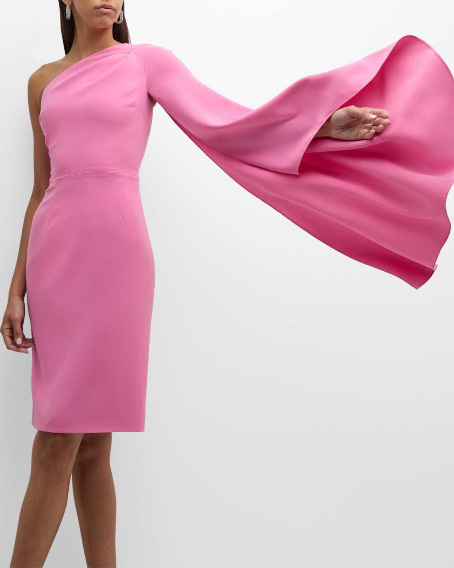 Rickie Freeman for Teri Jon One-Shoulder Cape-Sleeve Crepe Midi Dress ...