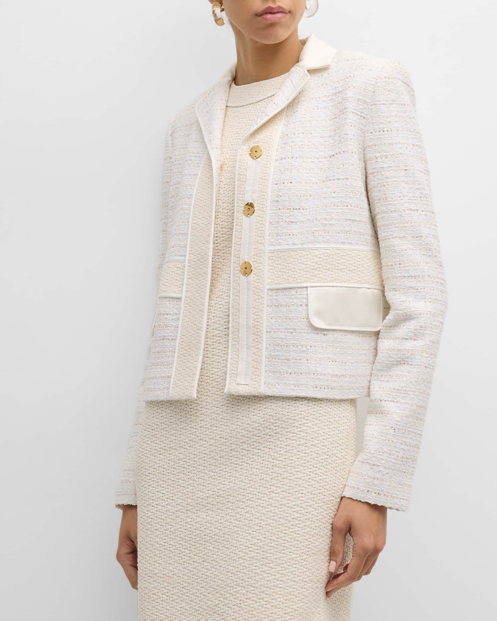 St. John Featherweight Sequin Tweed And Textured Open Weave Jacket ...