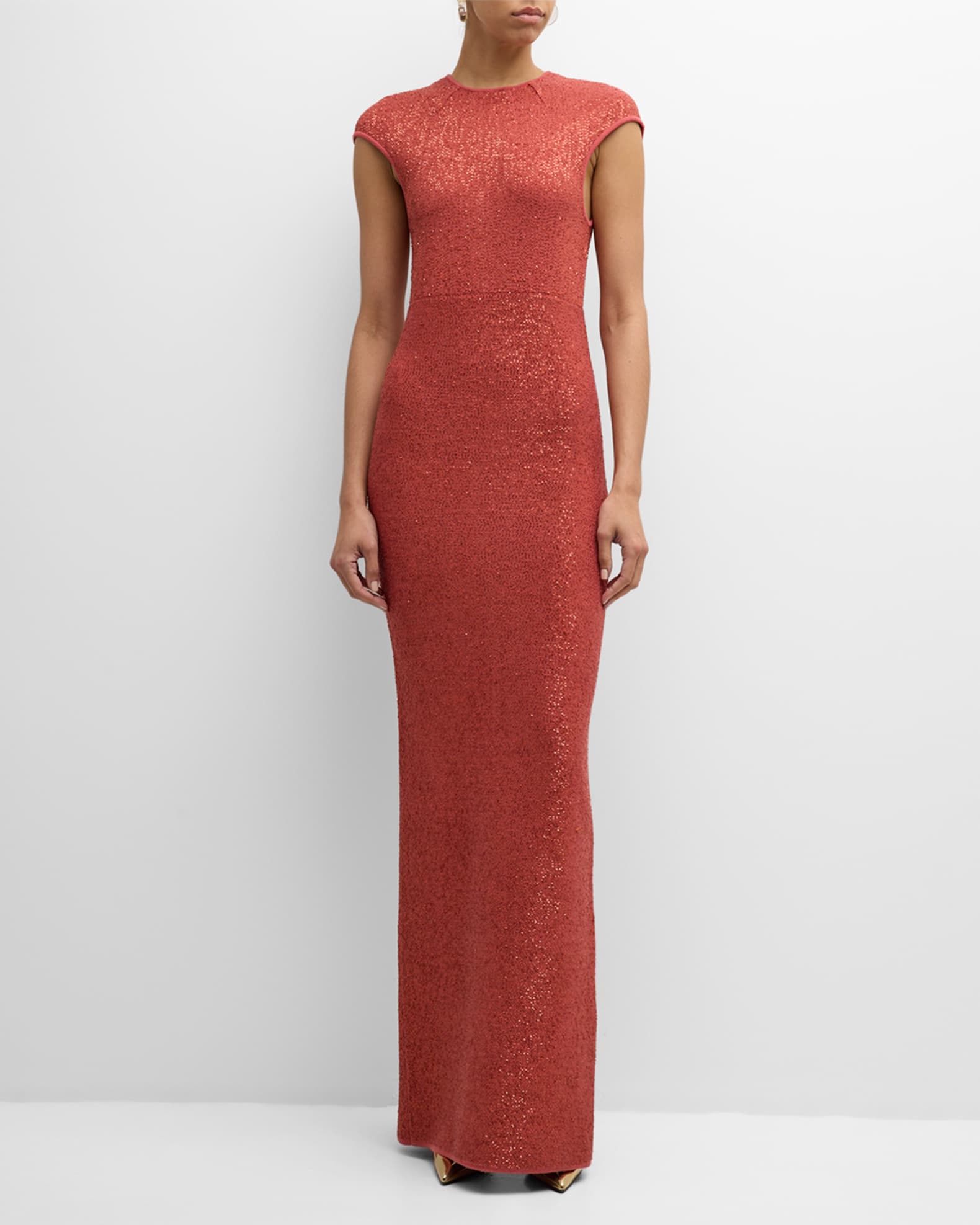St. John Cap-Sleeve Slit-Hem Stretch Sequin Knit Gown | Neiman Marcus