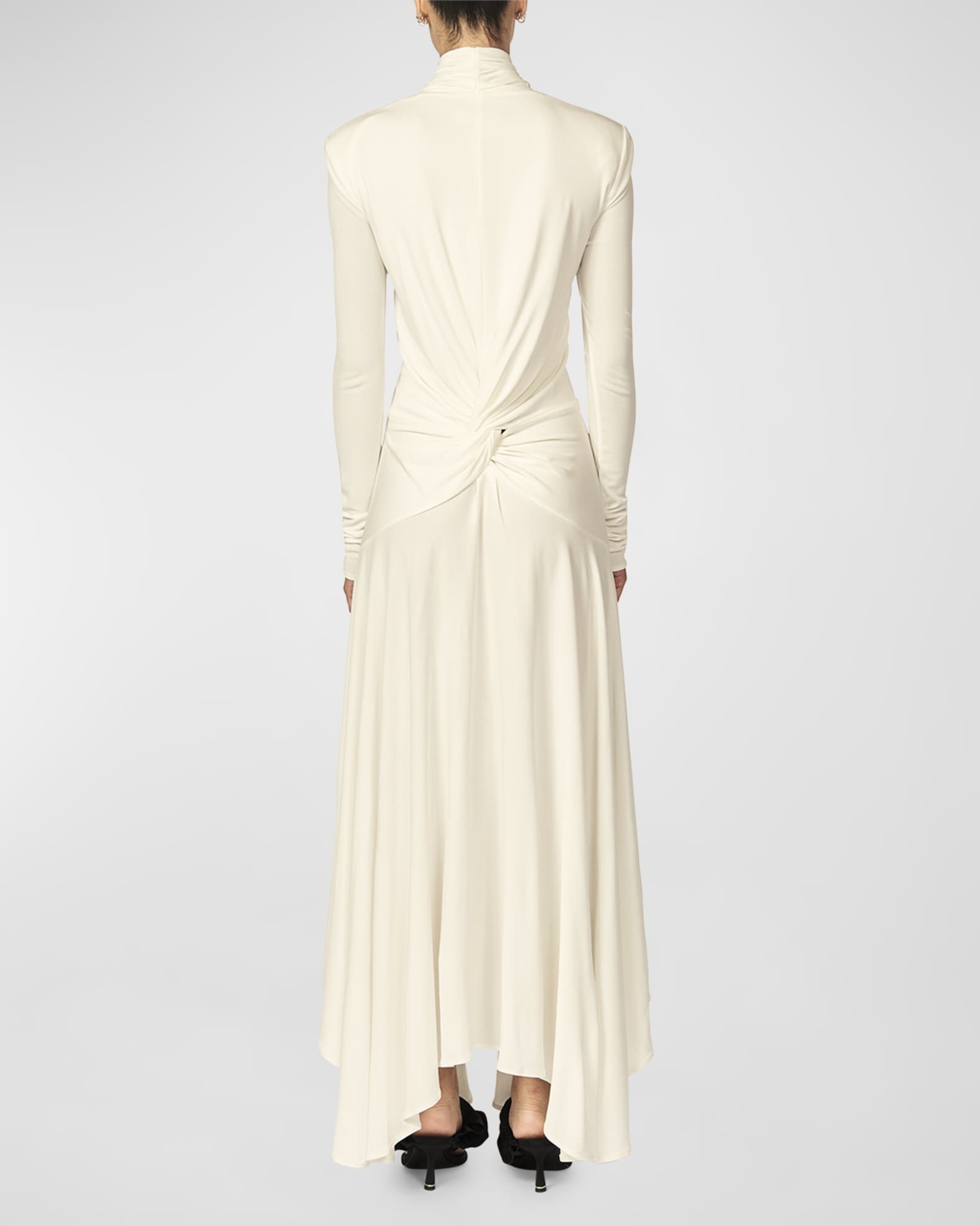 INTERIOR Aria Plunging Twisted Strong-Shoulder Long-Sleeve Maxi Dress ...