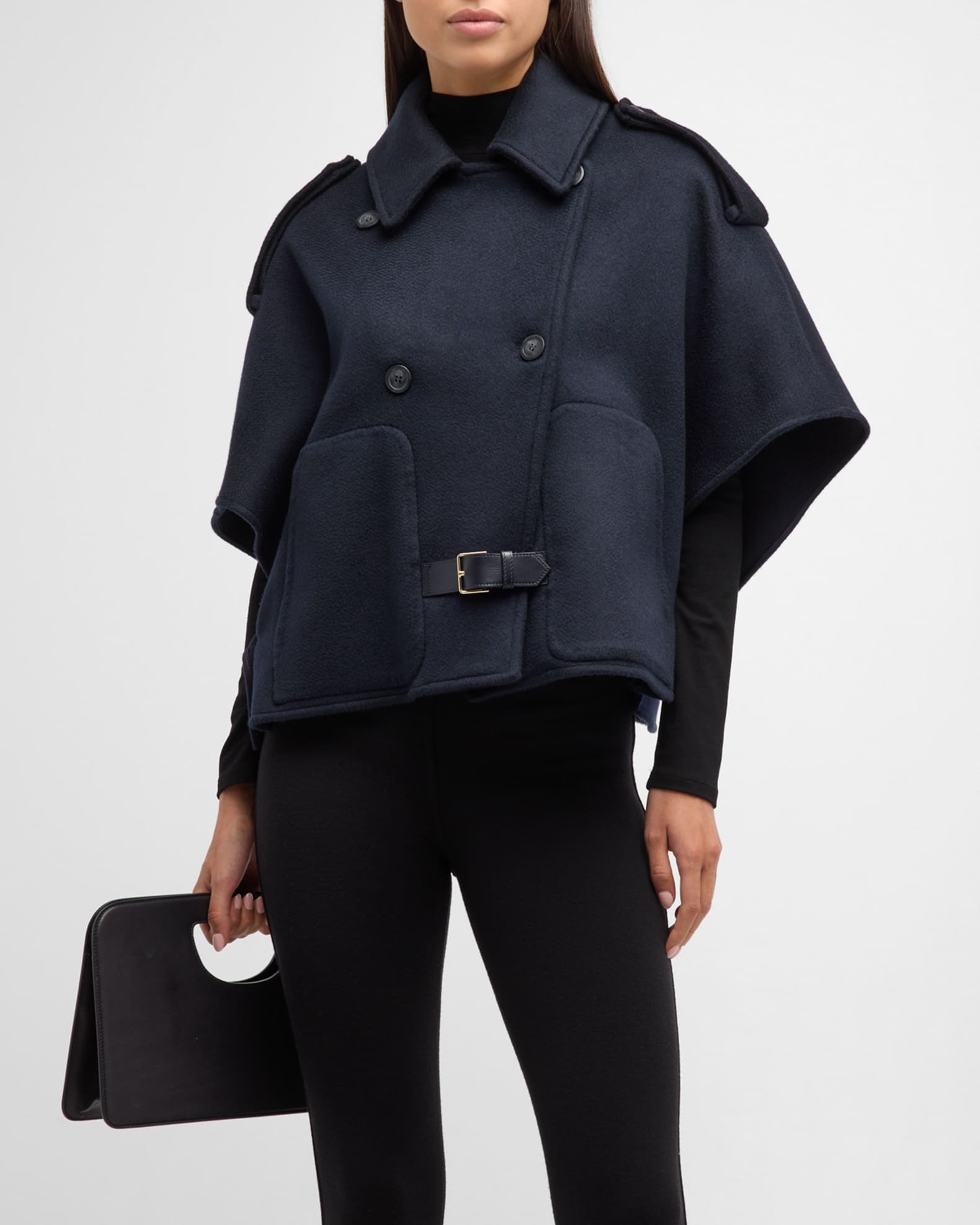 Max Mara Paste Dark Blue Belted Cashmere Cape | Neiman Marcus