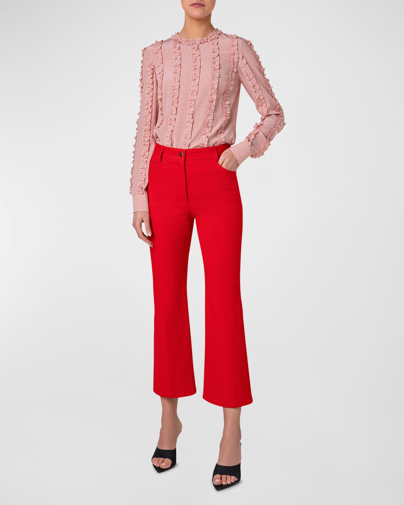 Akris punto Pin Dot Silk Crepe De Chine Ruffle Long-Sleeve Blouse ...