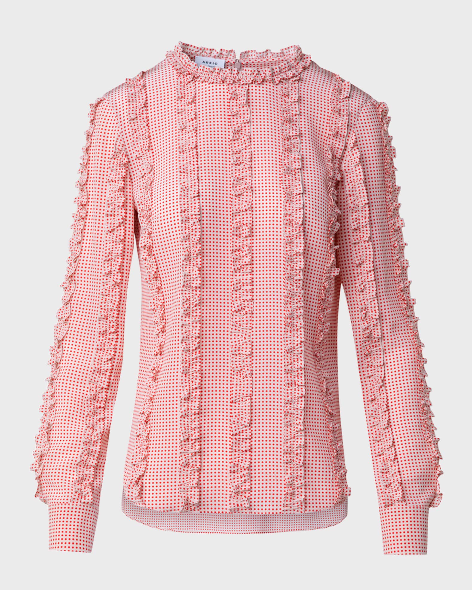 Akris punto Pin Dot Silk Crepe De Chine Ruffle Long-Sleeve Blouse | Neiman Marcus