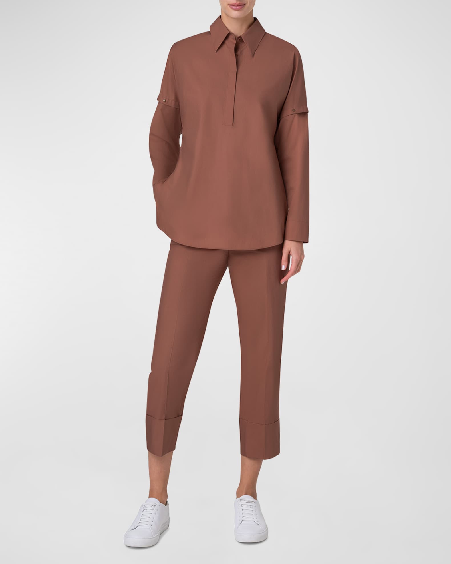 Akris punto Snap Long-Sleeve Cotton Poplin Collared Blouse | Neiman Marcus