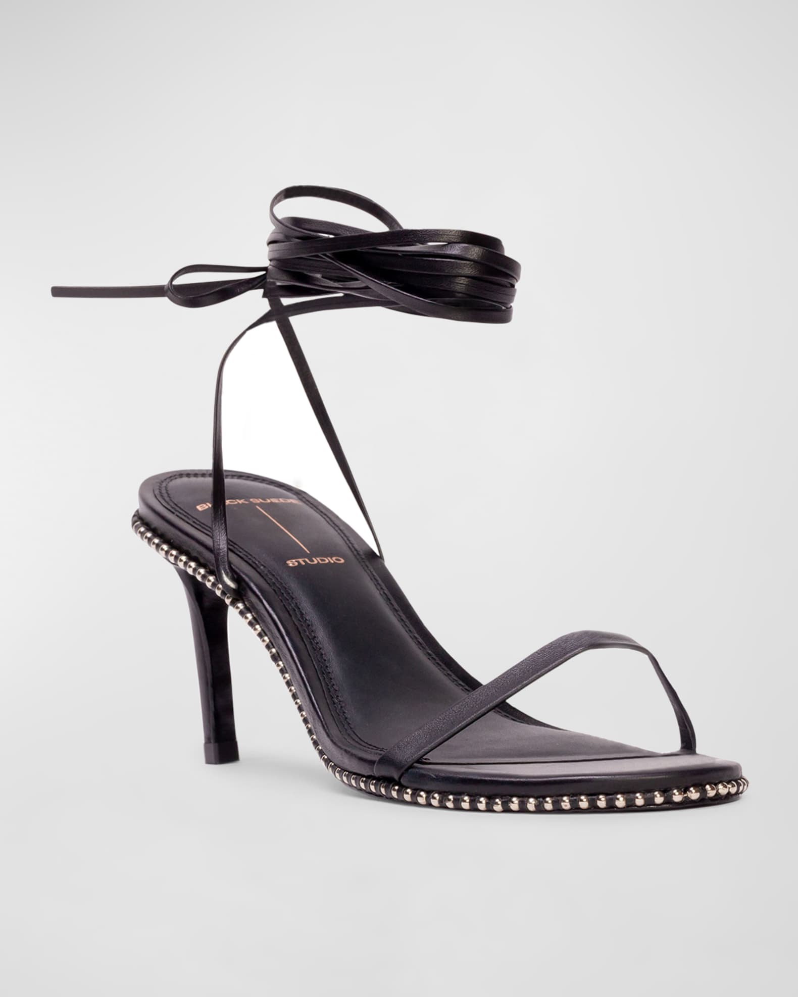 Black Suede Studio Leather Ankle-Tie Stud Sandals | Neiman Marcus
