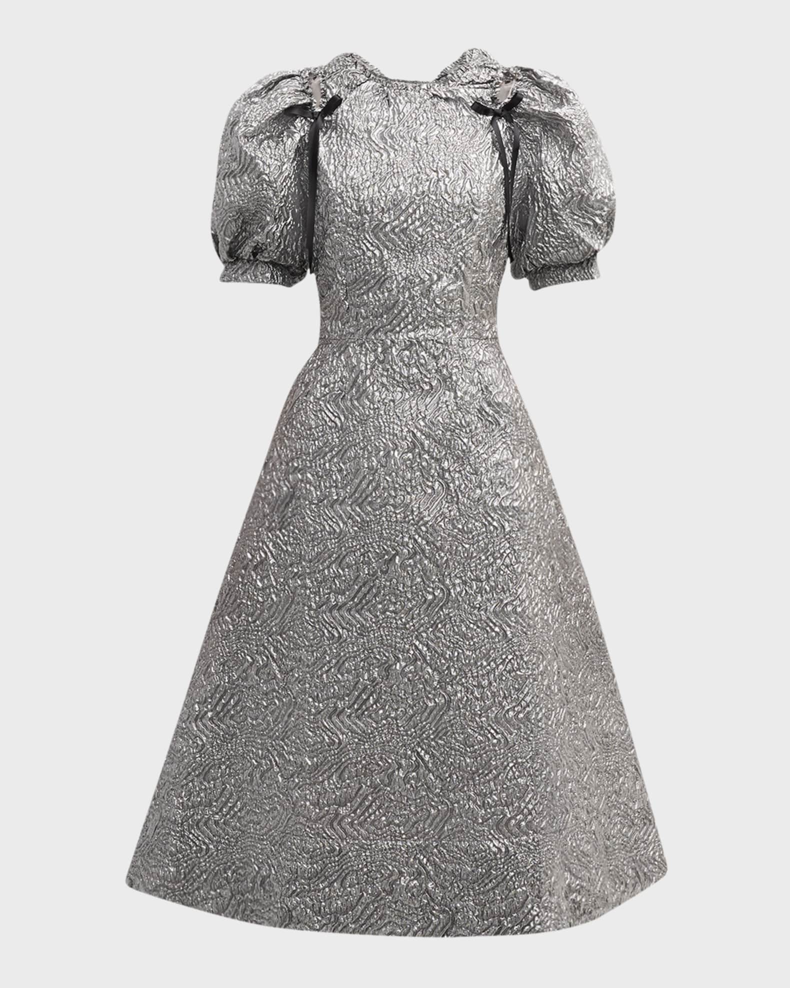 Simone Rocha Metallic Brocade Puff-Sleeve Ruched Shoulder Cutout Midi ...