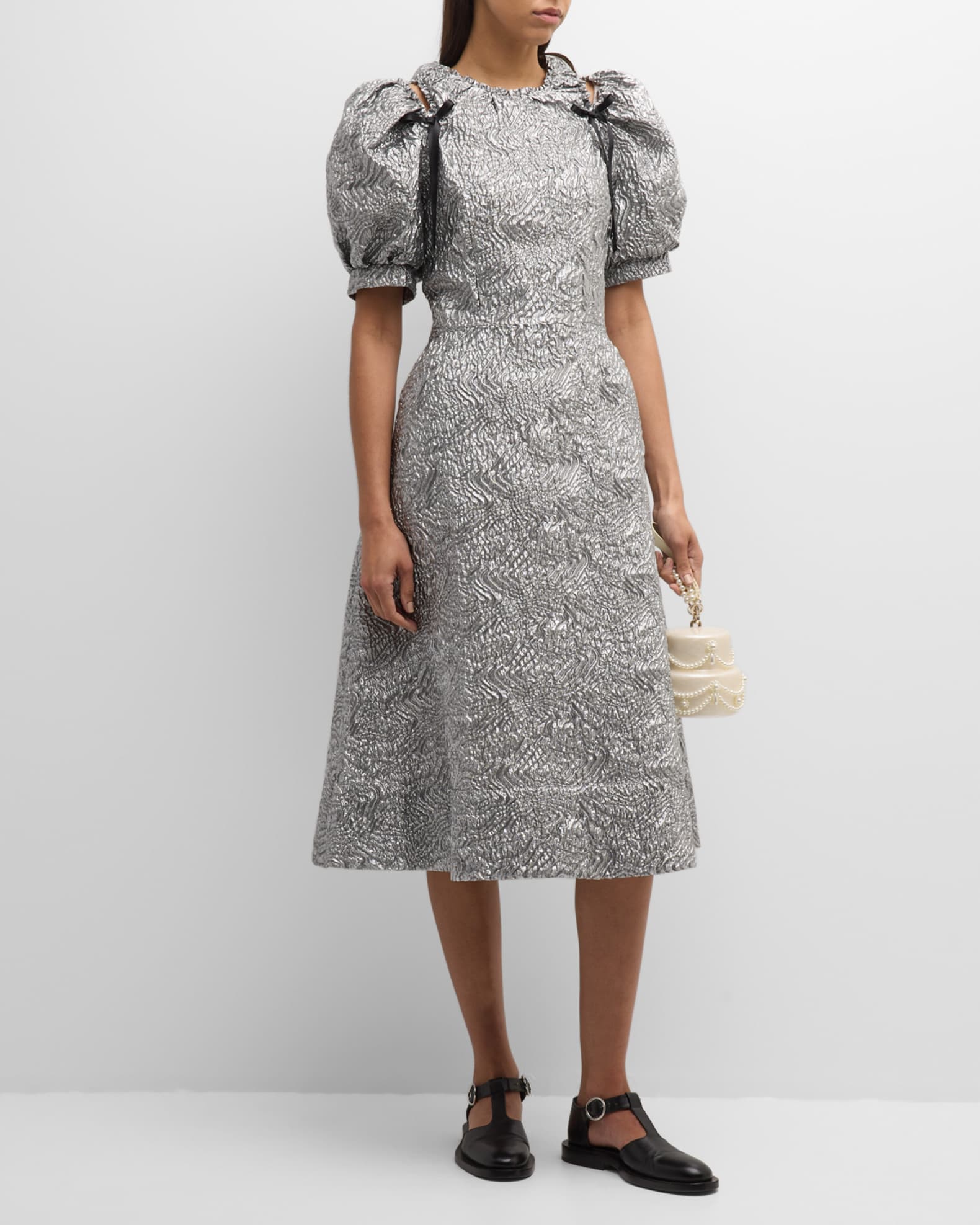 Simone Rocha Metallic Brocade Puff-Sleeve Ruched Shoulder Cutout Midi ...