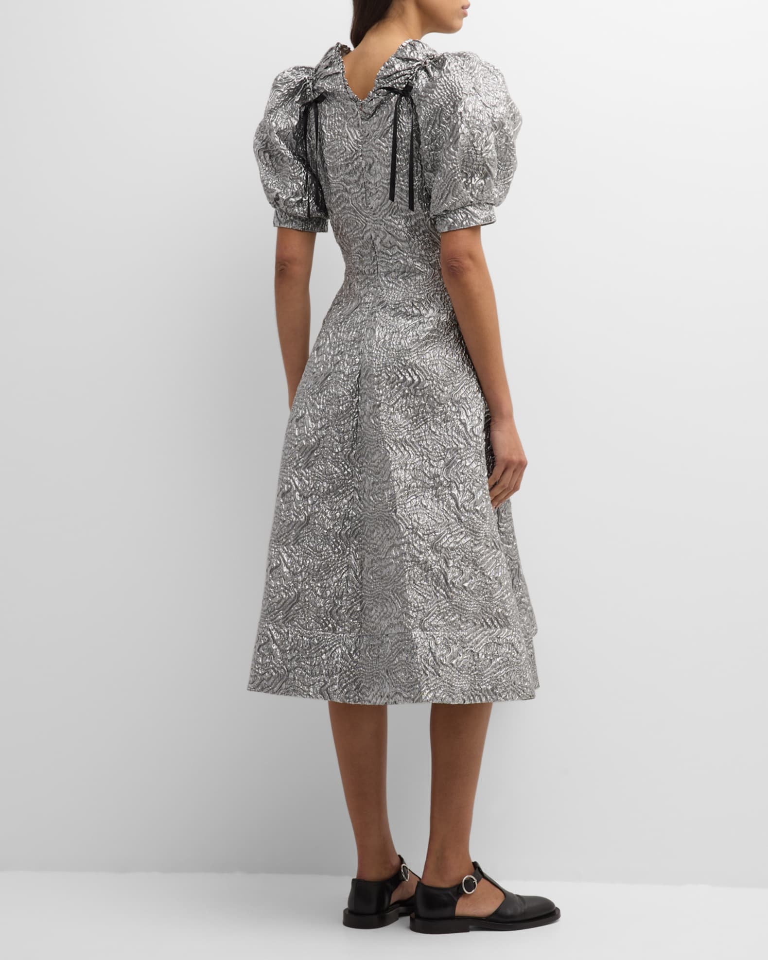 Simone Rocha Metallic Brocade Puff-Sleeve Ruched Shoulder Cutout Midi ...