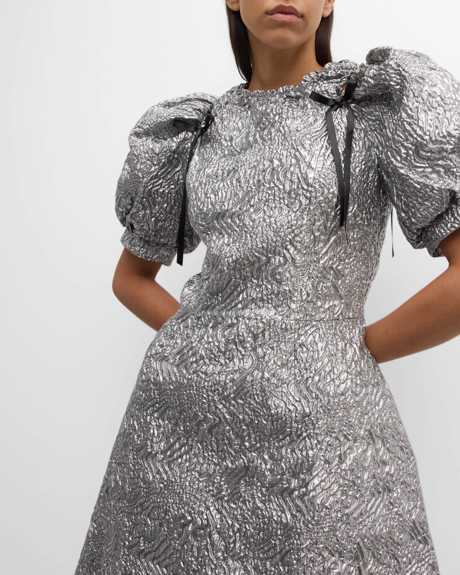 Simone Rocha Metallic Brocade Puff-Sleeve Ruched Shoulder Cutout Midi ...