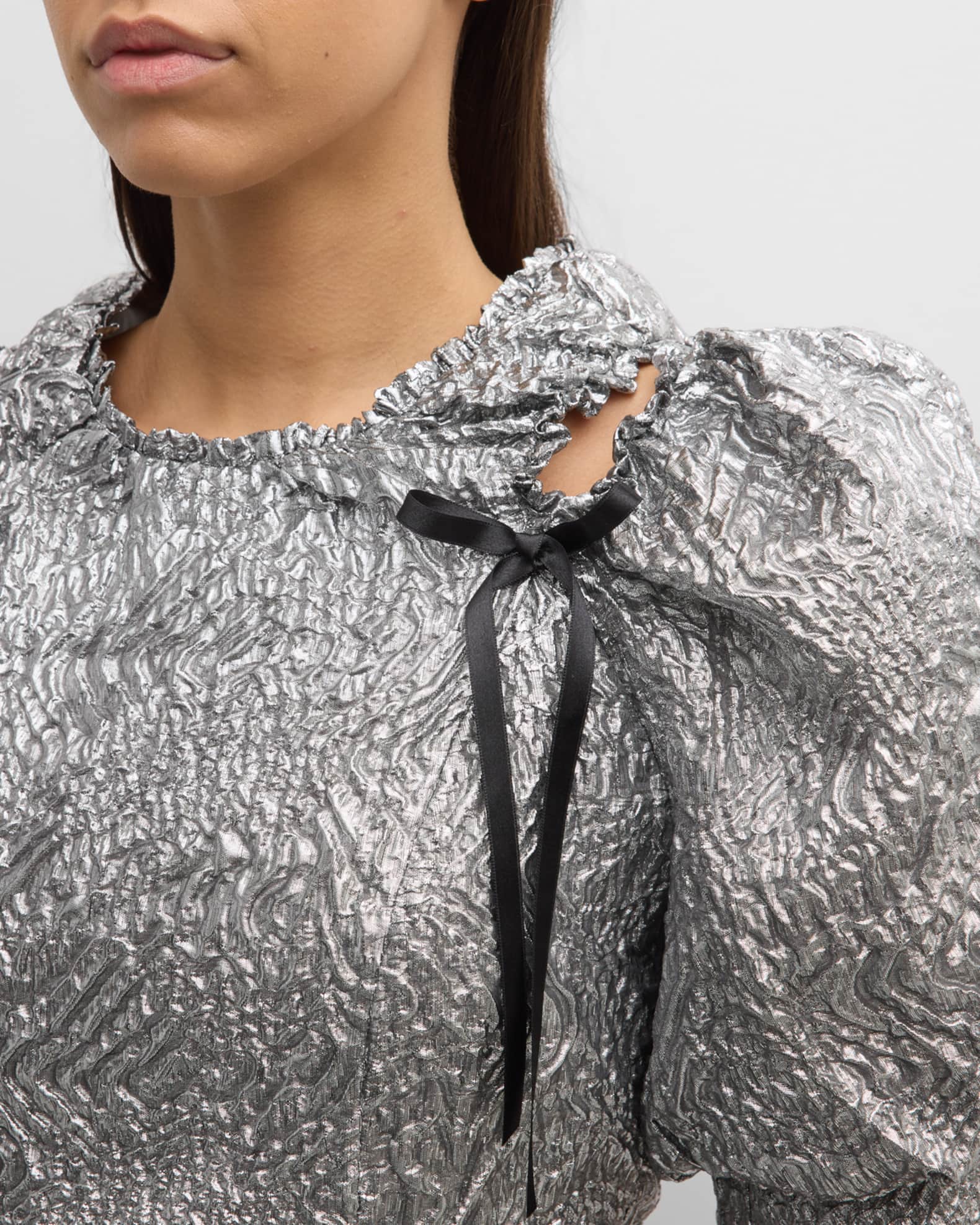 Simone Rocha Metallic Brocade Puff-Sleeve Ruched Shoulder Cutout Midi ...