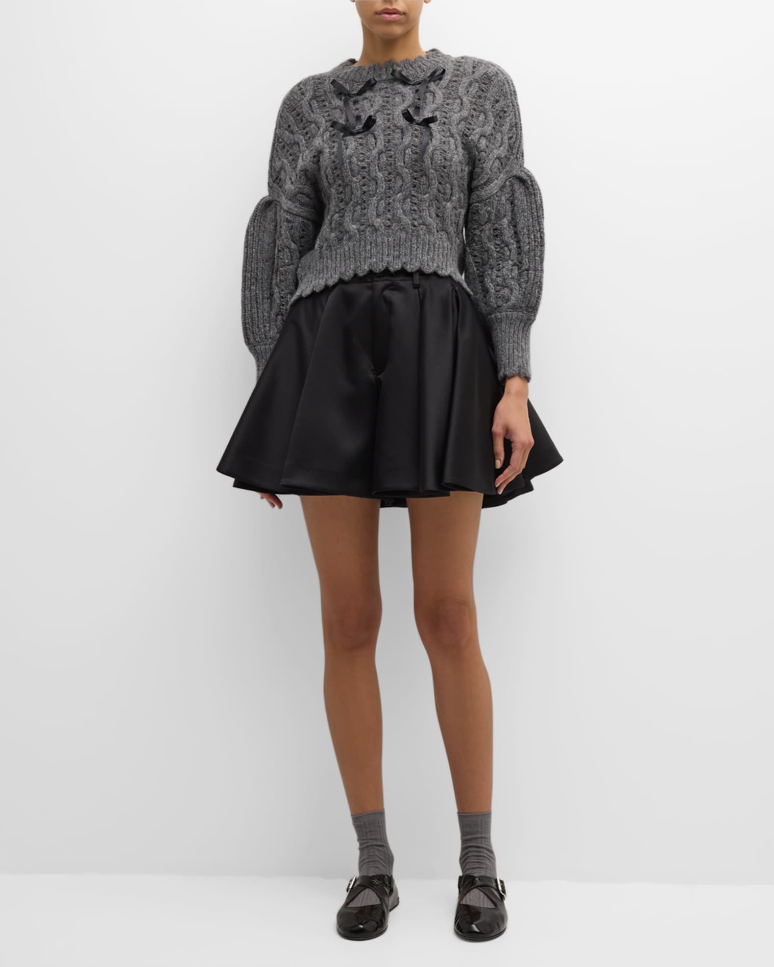 Simone Rocha Bow Puff-Sleeve Lace-Stitch Chunky Knit Crop Sweater ...