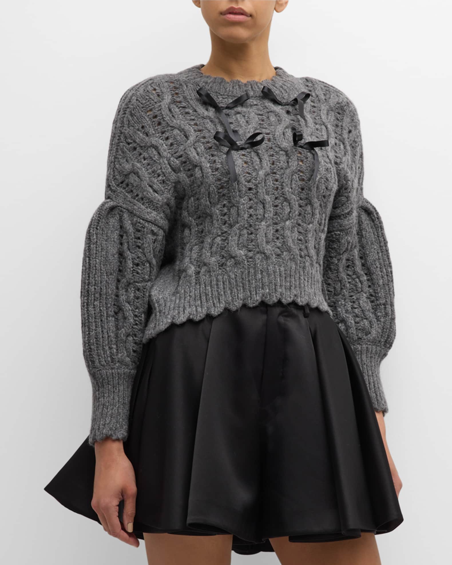 Simone Rocha Bow Puff-Sleeve Lace-Stitch Chunky Knit Crop Sweater ...