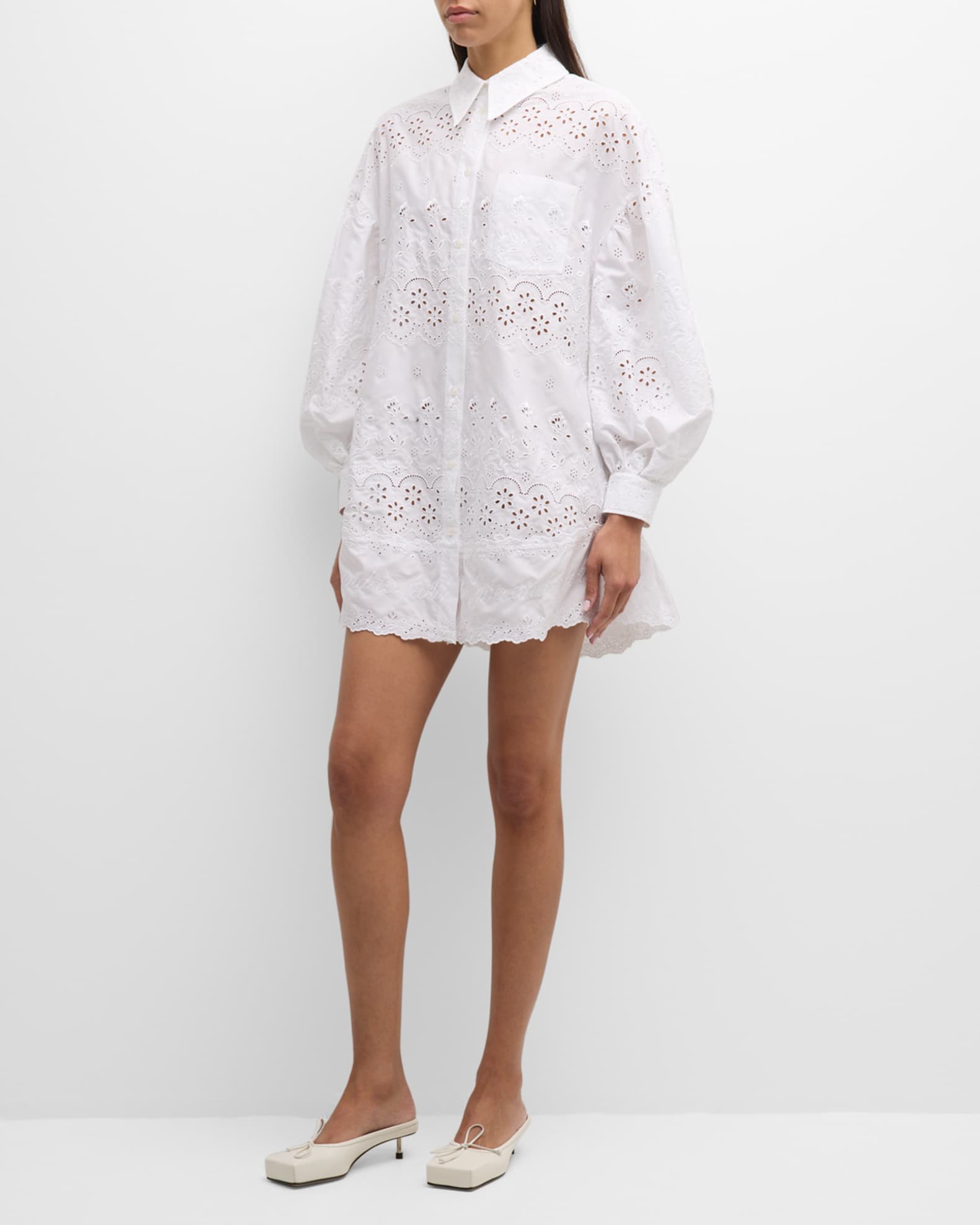 Simone Rocha Eyelet Embroidered Long-Sleeve Ruffle Mini Shirtdress ...