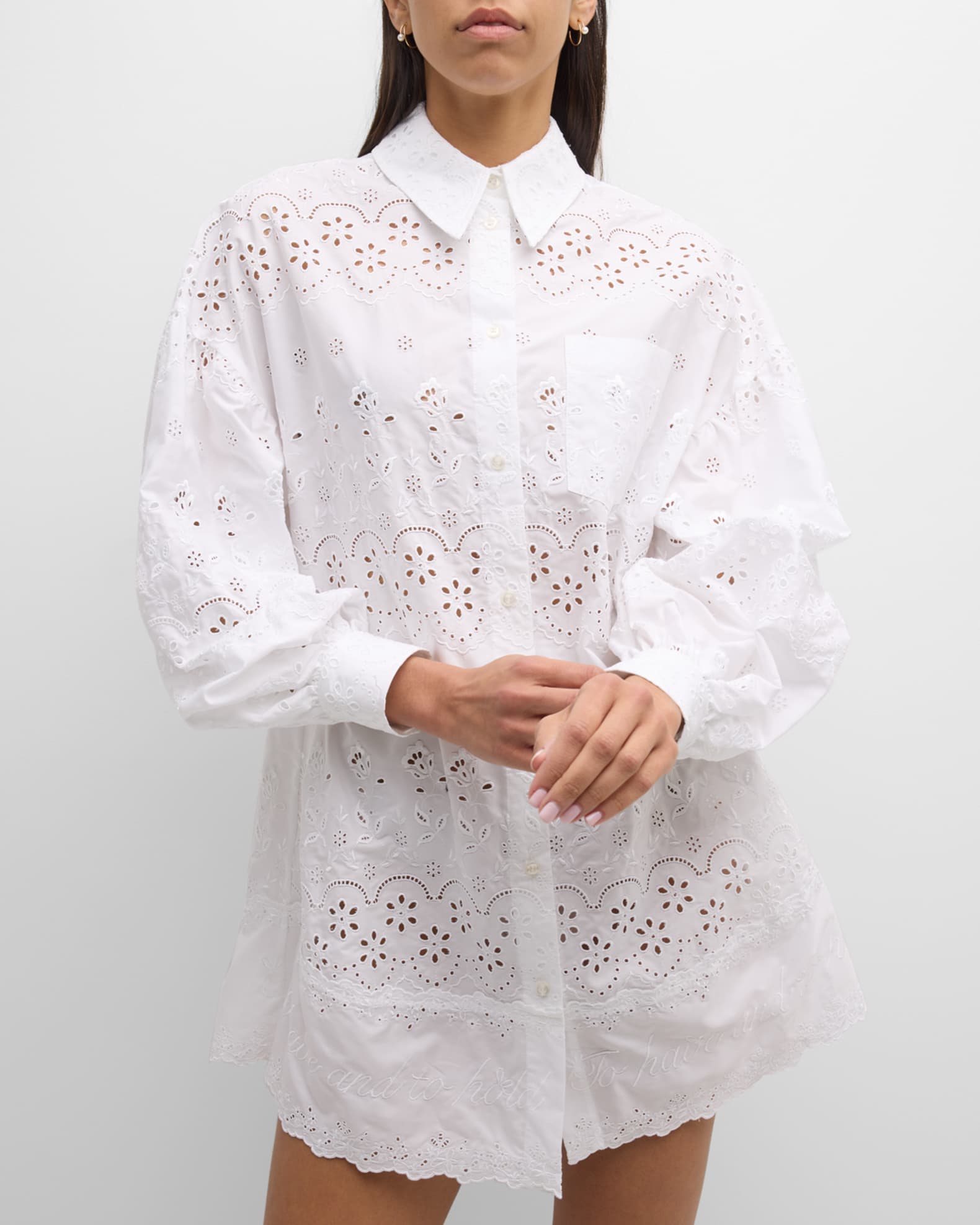 Simone Rocha Eyelet Embroidered Long-Sleeve Ruffle Mini Shirtdress ...