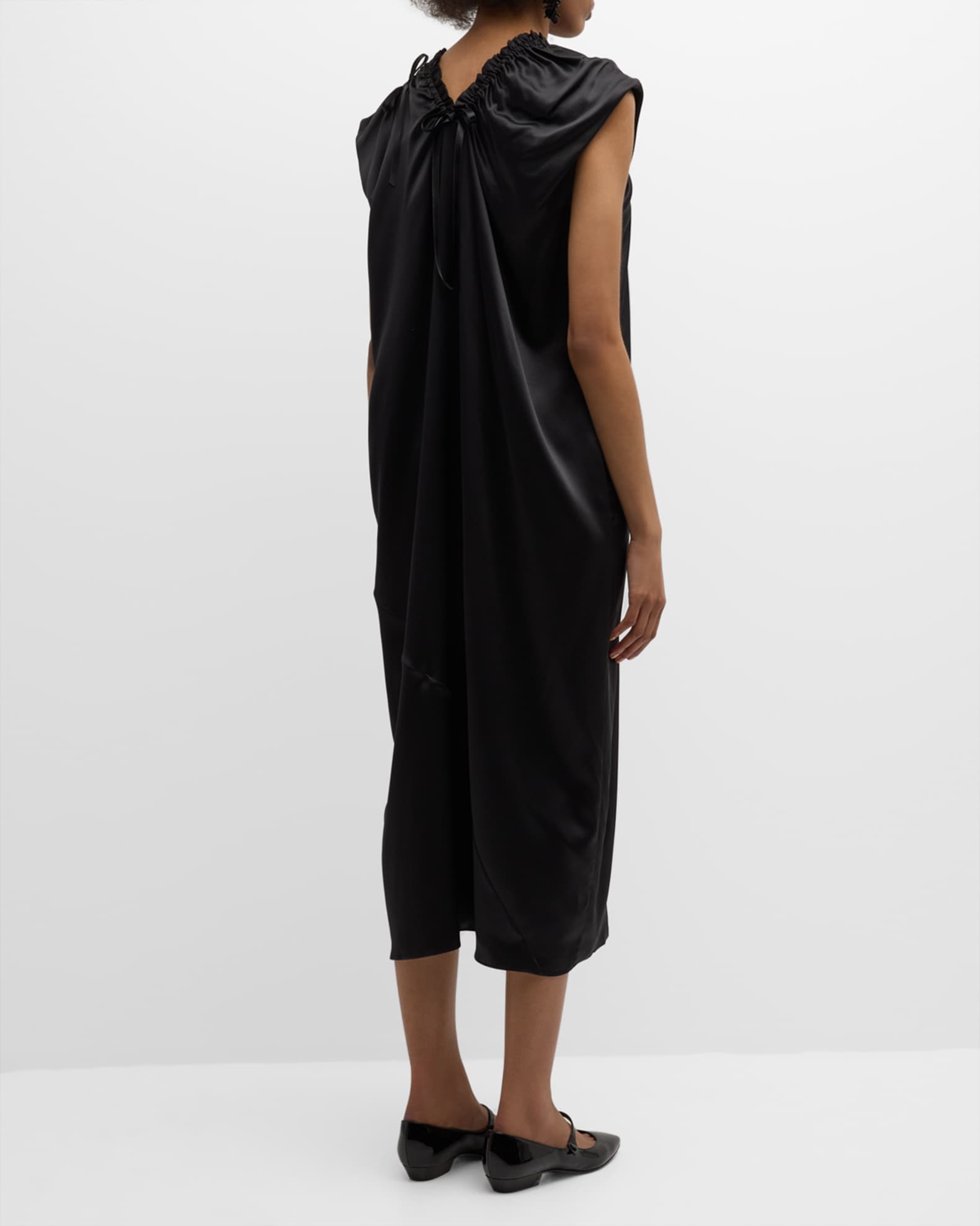 Simone Rocha Gathered Shoulder-Cutout Satin Midi Sack Dress | Neiman Marcus
