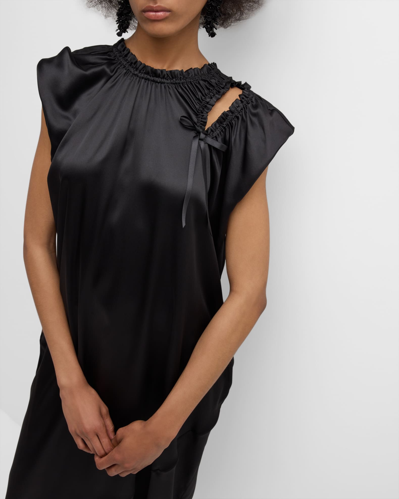 Simone Rocha Gathered Shoulder-Cutout Satin Midi Sack Dress | Neiman Marcus