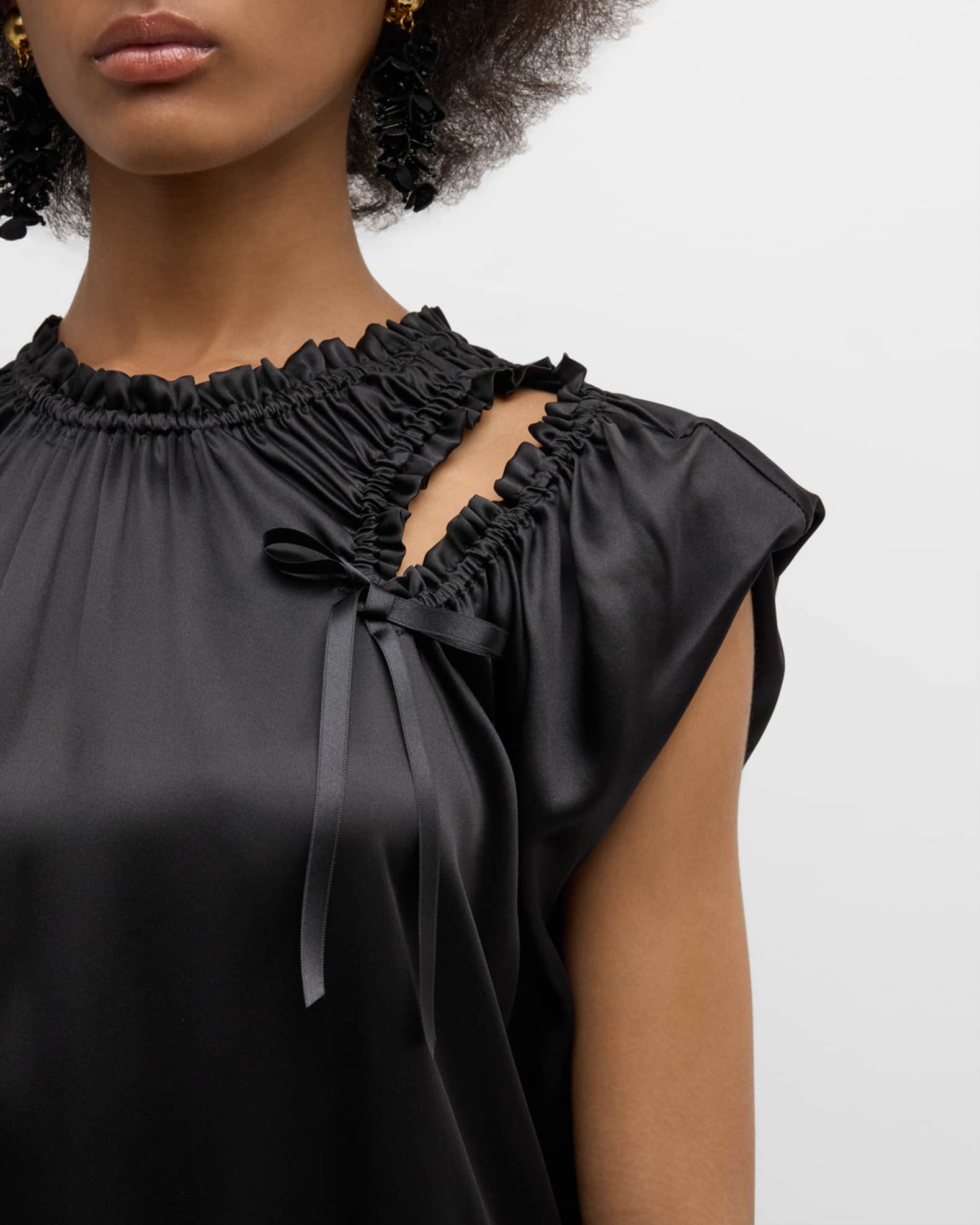 Simone Rocha Gathered Shoulder-Cutout Satin Midi Sack Dress | Neiman Marcus