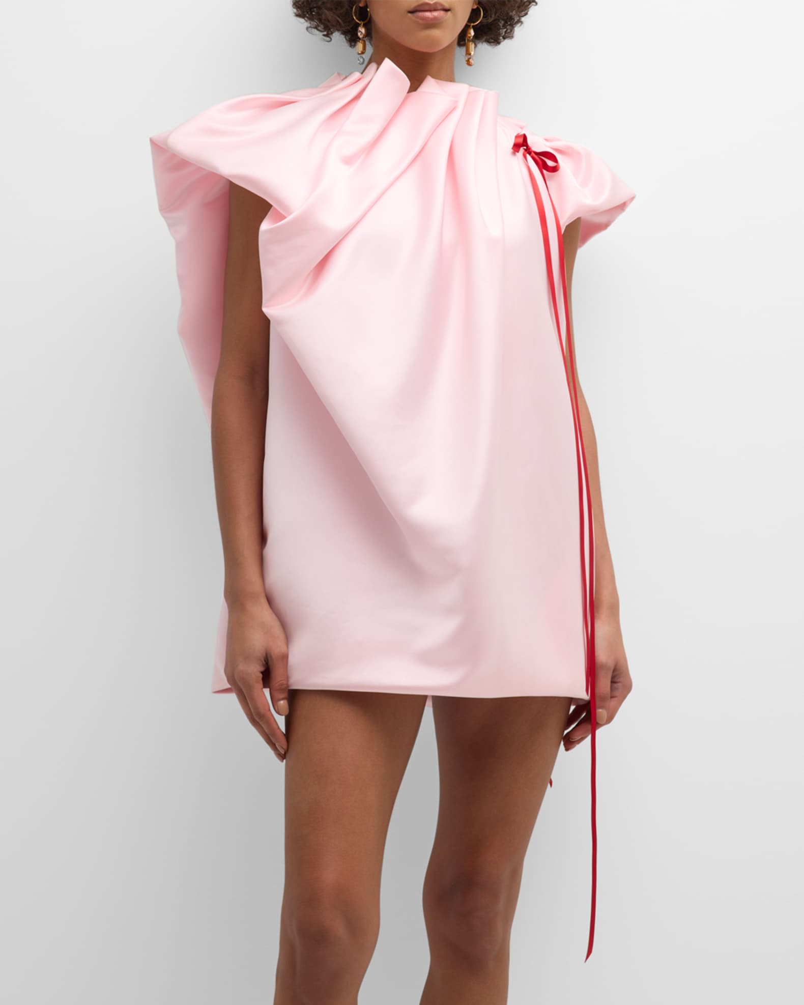 Simone Rocha Bow Pleated-Neck Mini Sack Dress | Neiman Marcus