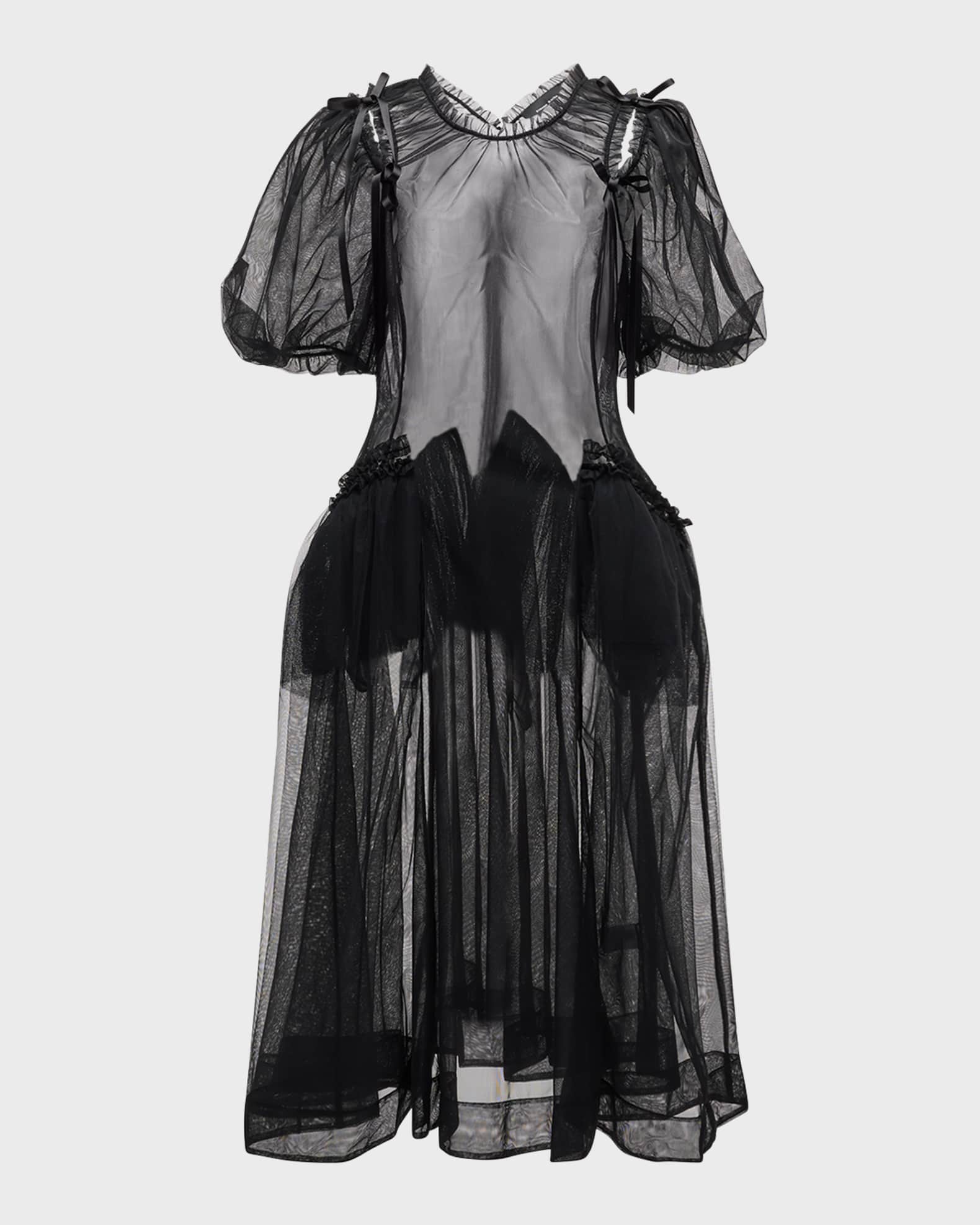 Simone Rocha Puff-Sleeve Bow Ruched Bite-Cutout Tulle Midi Dress ...