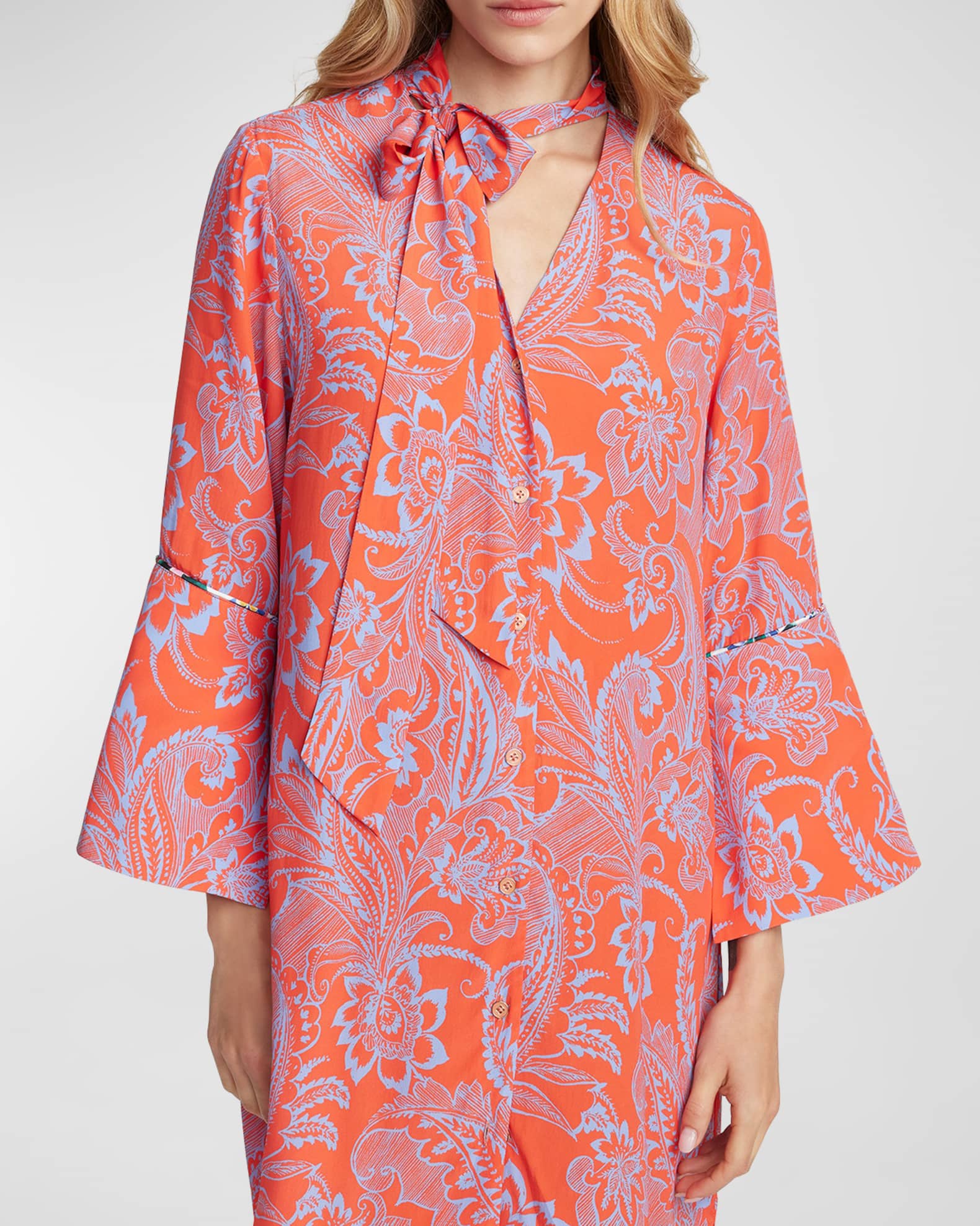 Robert Graham Brenna Floral-Print Bell-Sleeve Midi Dress | Neiman Marcus
