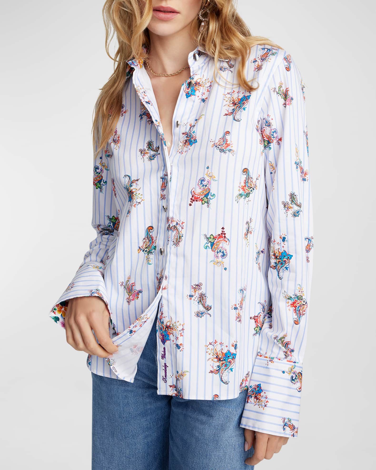 Robert Graham Priscilla Striped Paisley-Print Shirt | Neiman Marcus