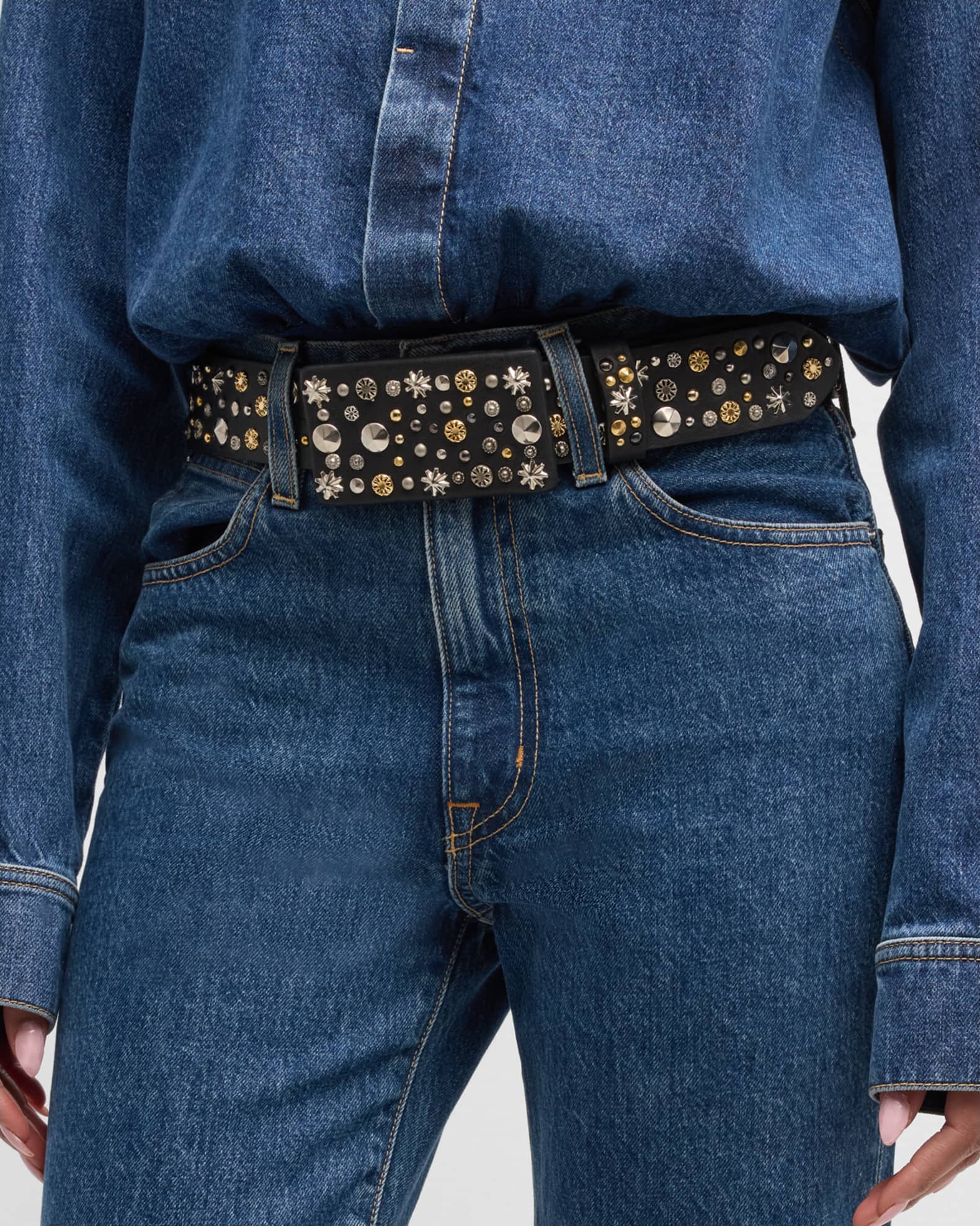 Streets Ahead Studded Mixed-Metal Leather Belt | Neiman Marcus