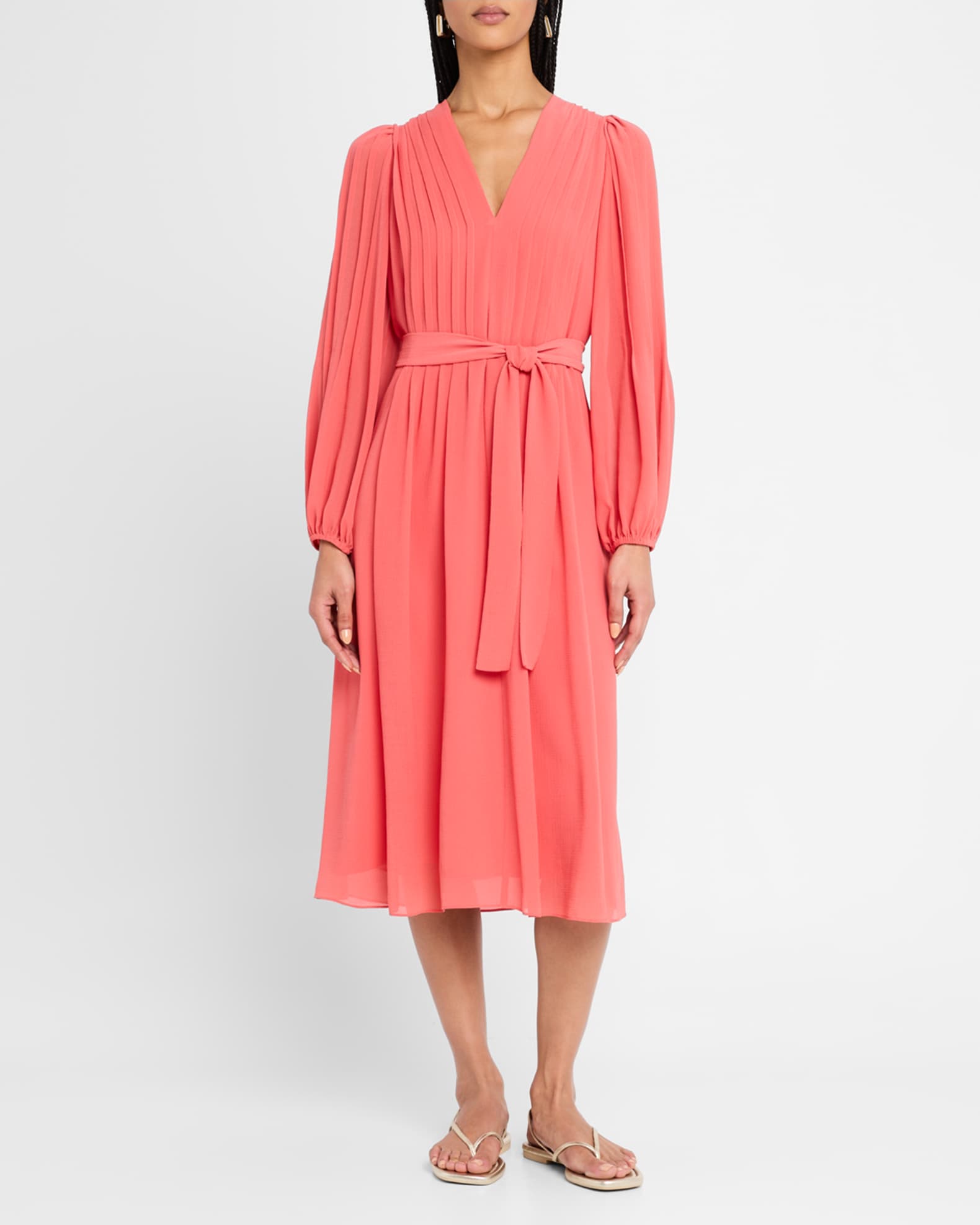 Kobi Halperin Tatum Pintuck Blouson-Sleeve Midi Dress | Neiman Marcus