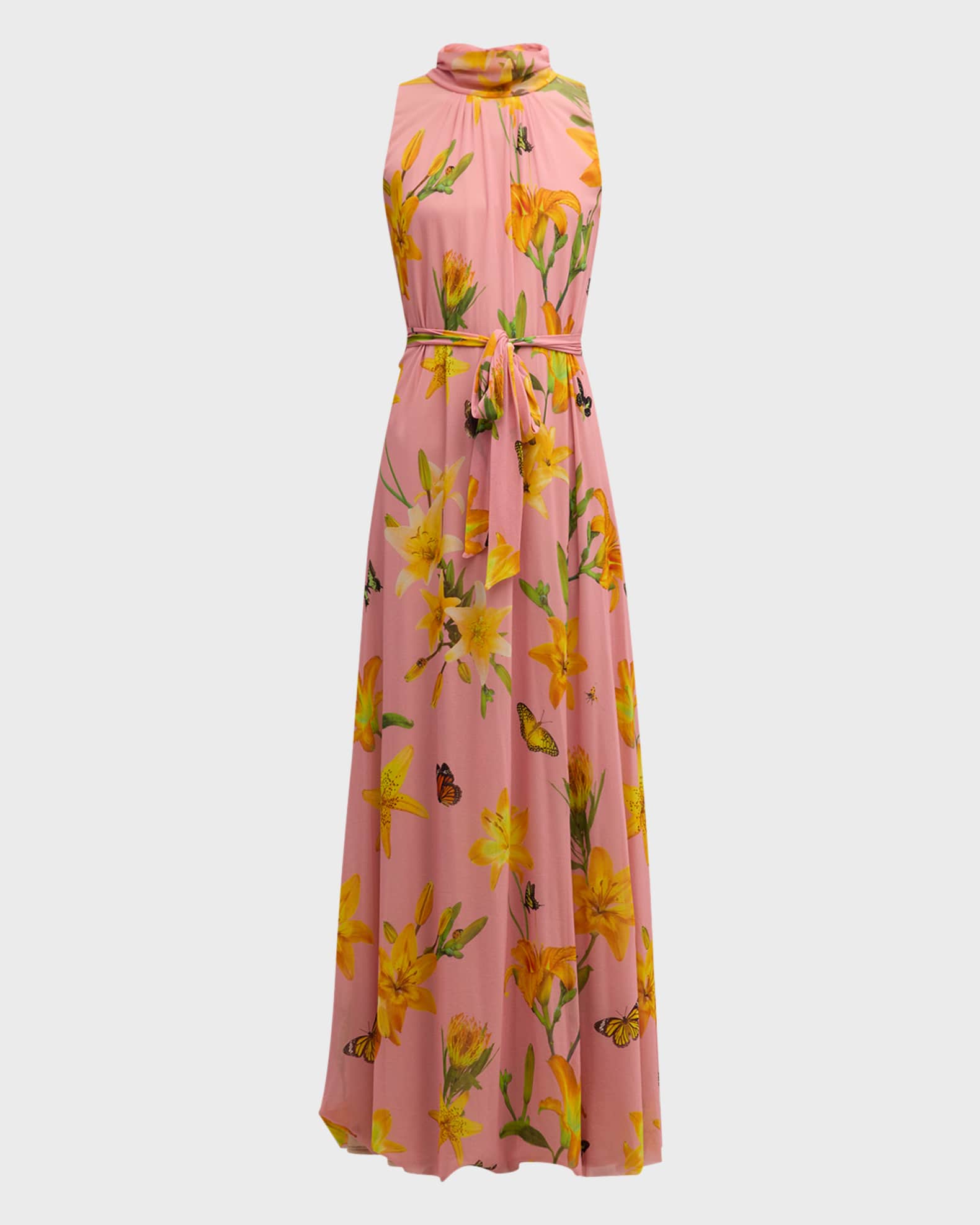 Fuzzi Floral-Print Turtleneck Tulle Maxi Dress | Neiman Marcus