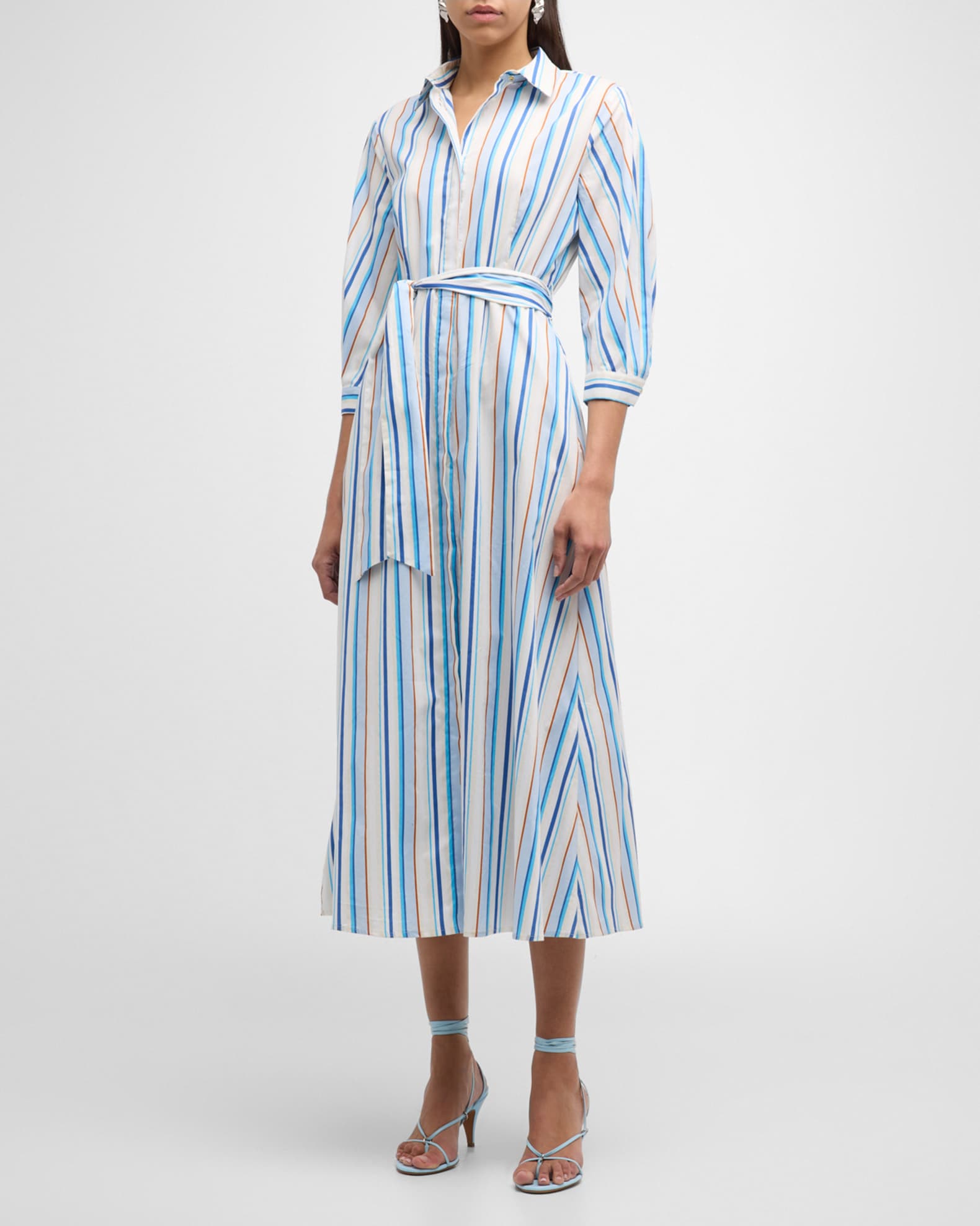Marella Jutta Striped 3/4-Sleeve Midi Shirtdress | Neiman Marcus